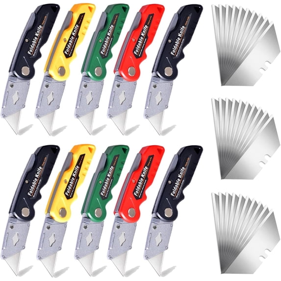 10-Pack Heavy Duty Folding Box Cutter Set with 30 Replacement Blades ...