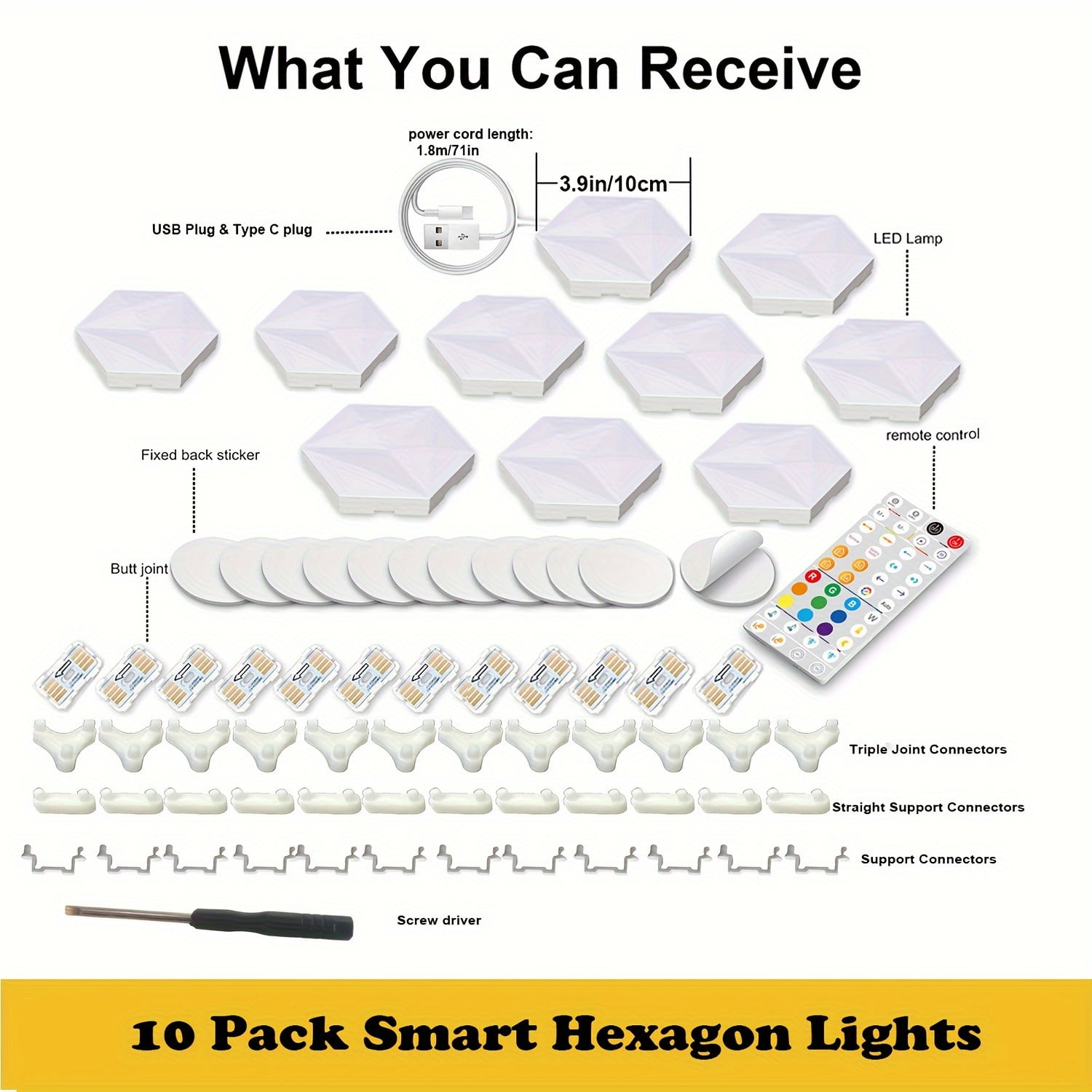 10-Pack Hexagon LED Lights | App-Controlled & Music Sync Features | USB ...