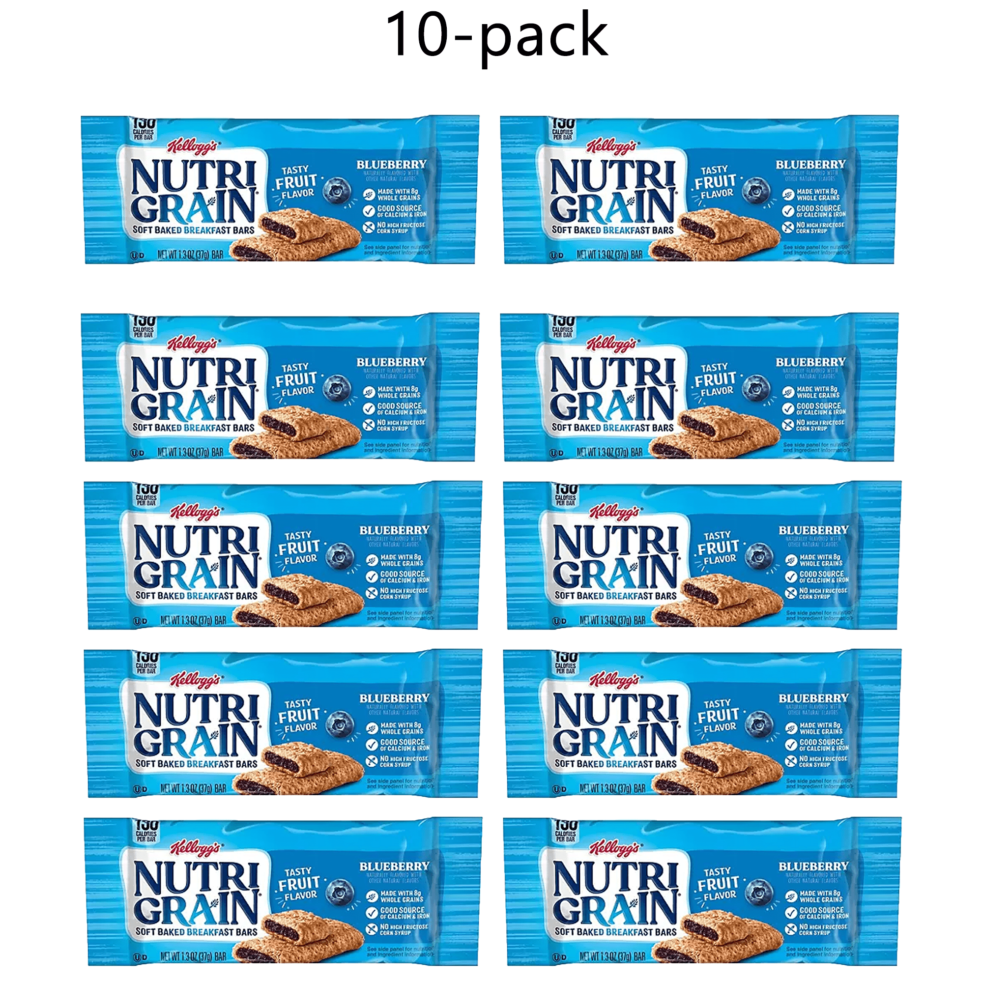 10 Pack Kellogg's Kids Nutri-Grain Blueberry Flavors Snacks Bars Made ...