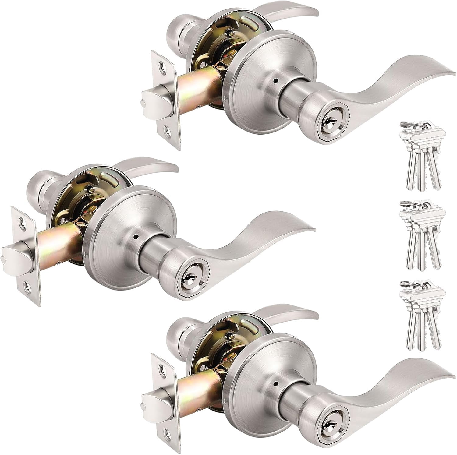 10 Pack Keyed Alike Entry Levers, Wave Style Satin Nickel Entry ...
