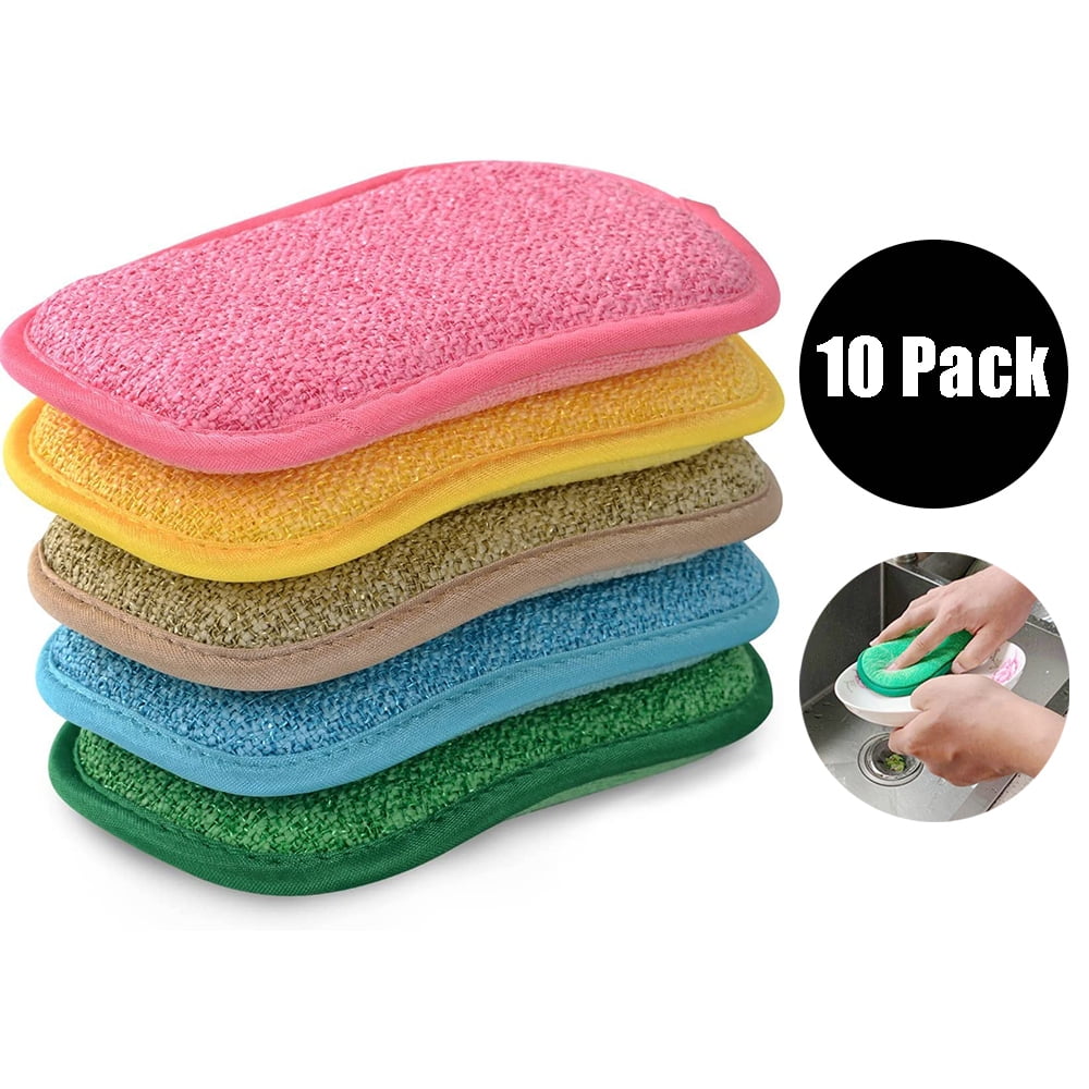 10 Pack Kitchen Scrub Sponges, Dual-Sided Reusable Scouring Pads Non ...