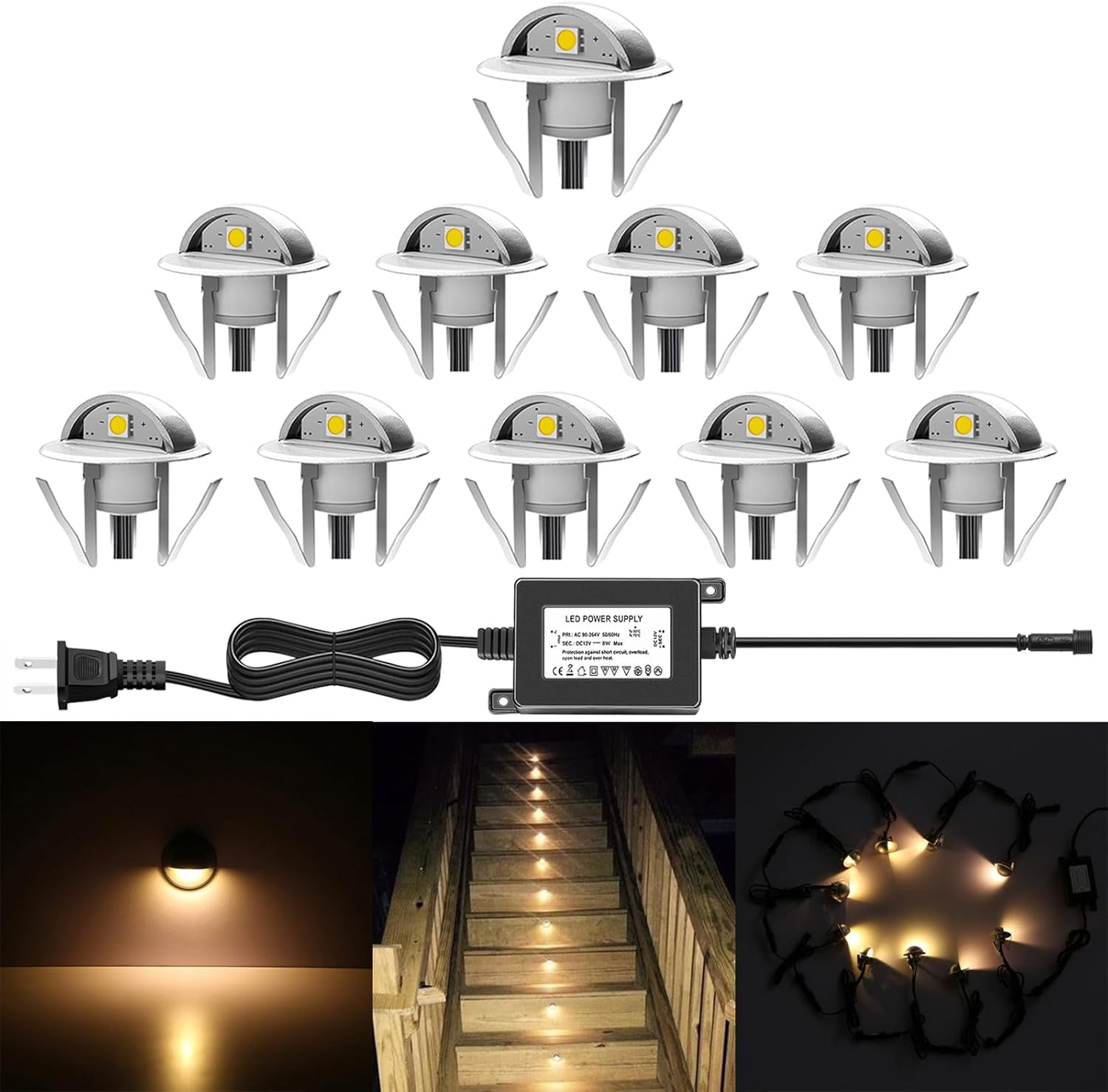10 Pack LED Stair Lights Kit Low Voltage Waterproof IP65 Outdoor 1-2/5 ...