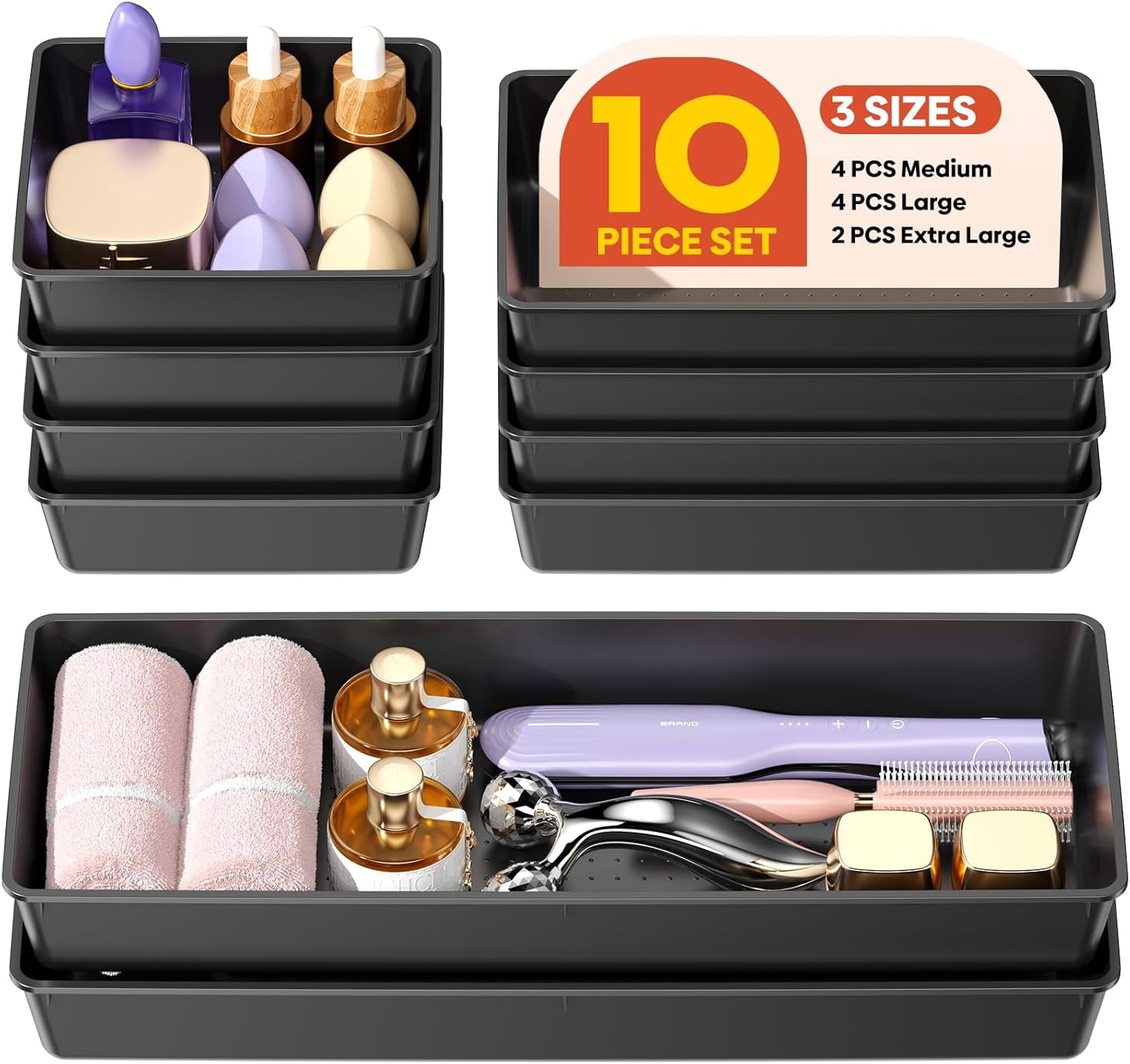 10 Pack Large Size Plastic Drawer Organizers Set, 3 Sizes Desk Drawer ...