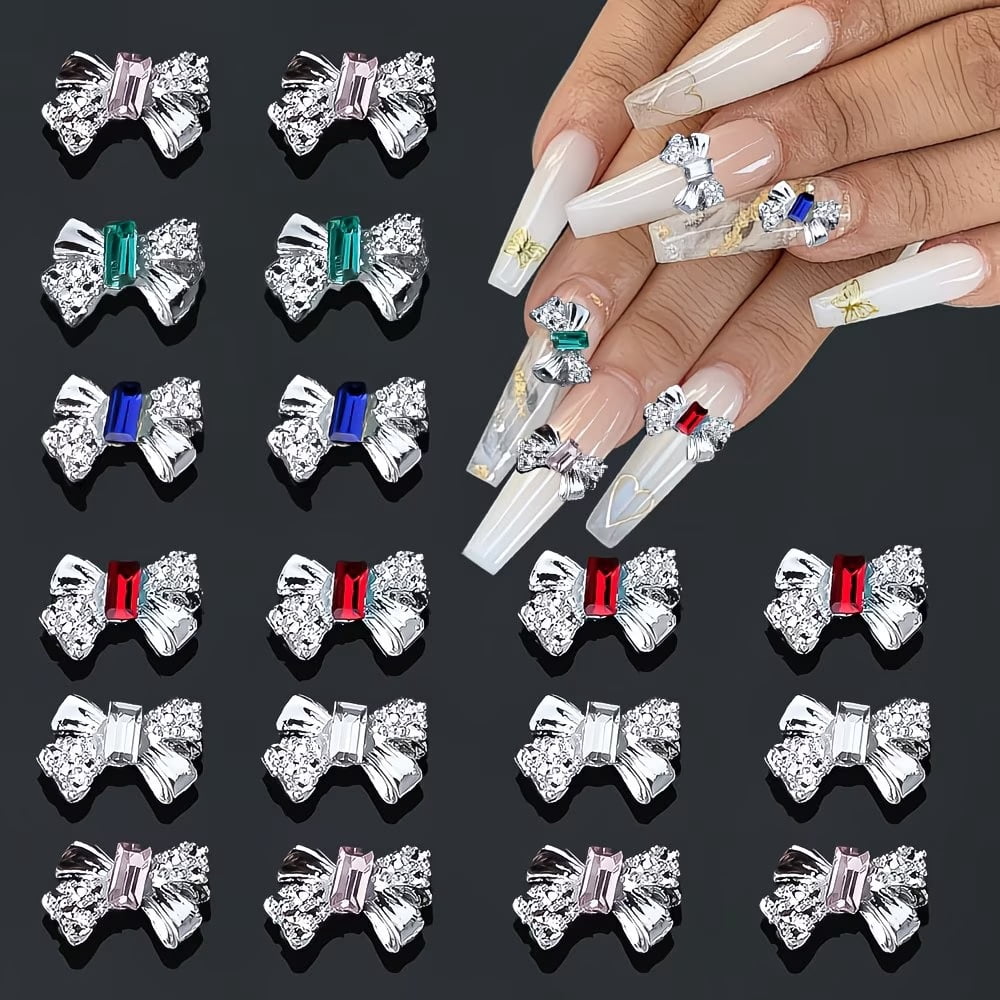 10 Pack Luxury Bow Nail Charms - Shiny Gemstone Nail Art Accessories ...