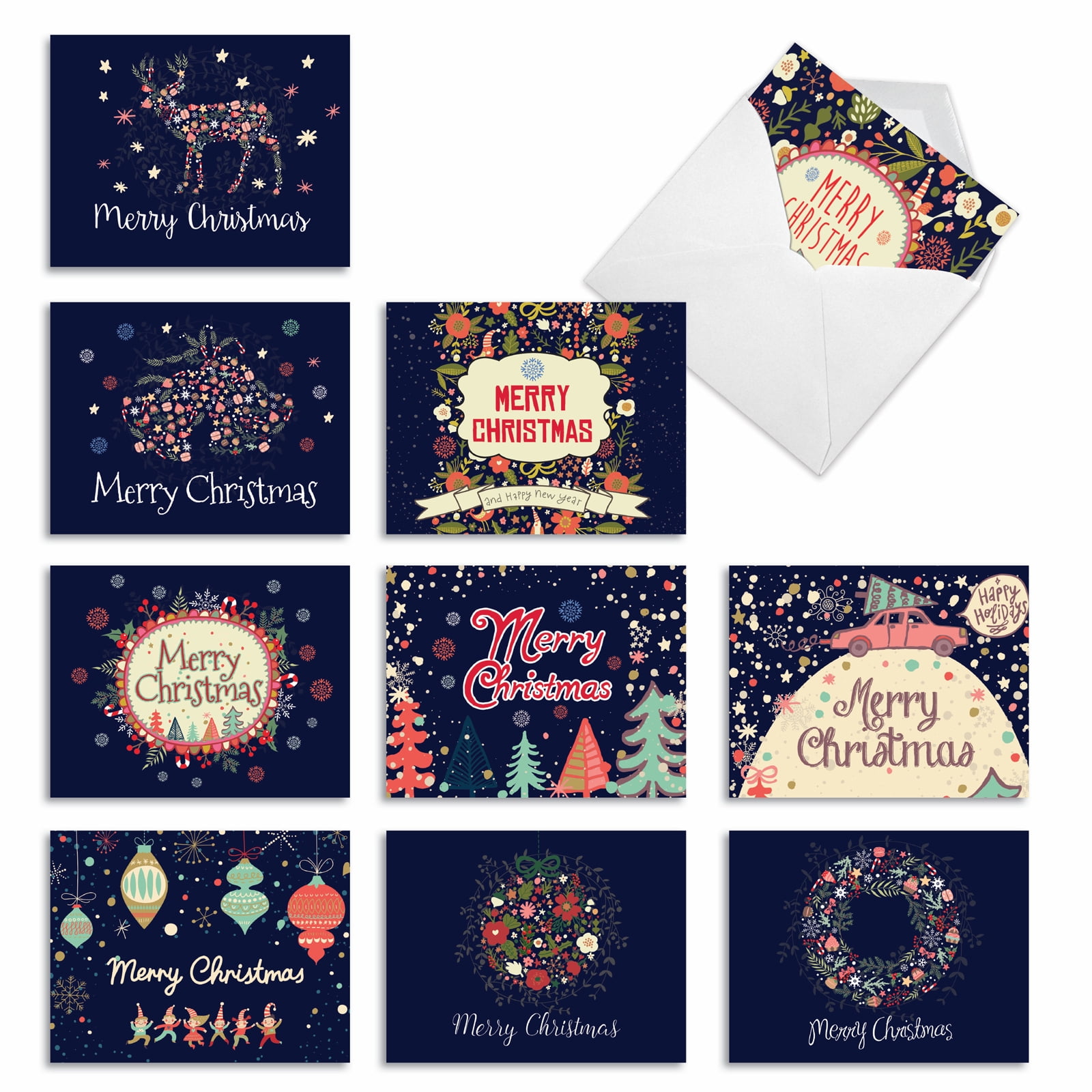 10 Pack Merry Christmas Note Cards With Envelopes - Festive Florals ...