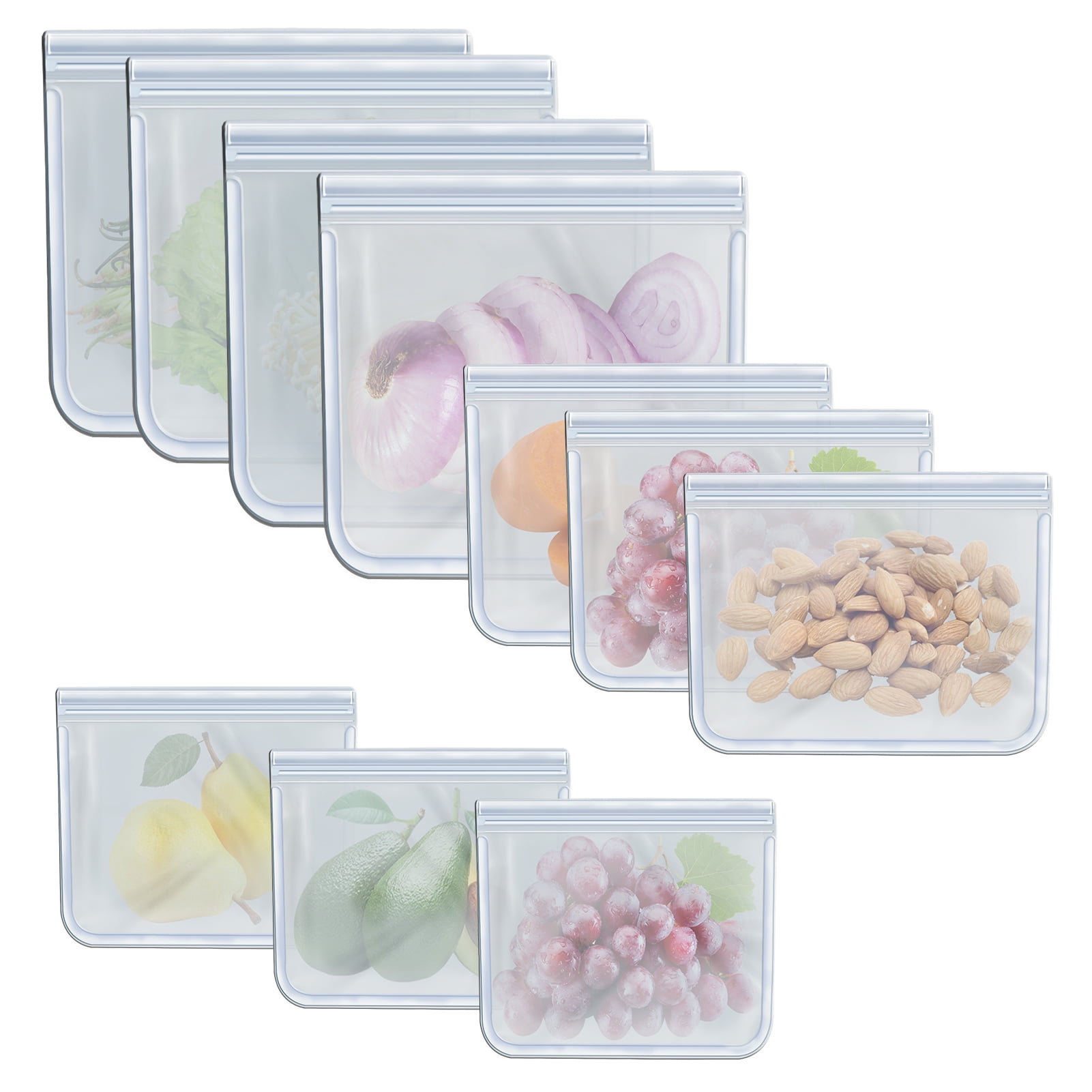 10 Pack Reusable Silicone Food Storage Bags, BPA Free, Airtight Seal ...