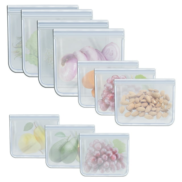 10 Pack Reusable Silicone Food Storage Bags, BPA Free, Airtight Seal ...