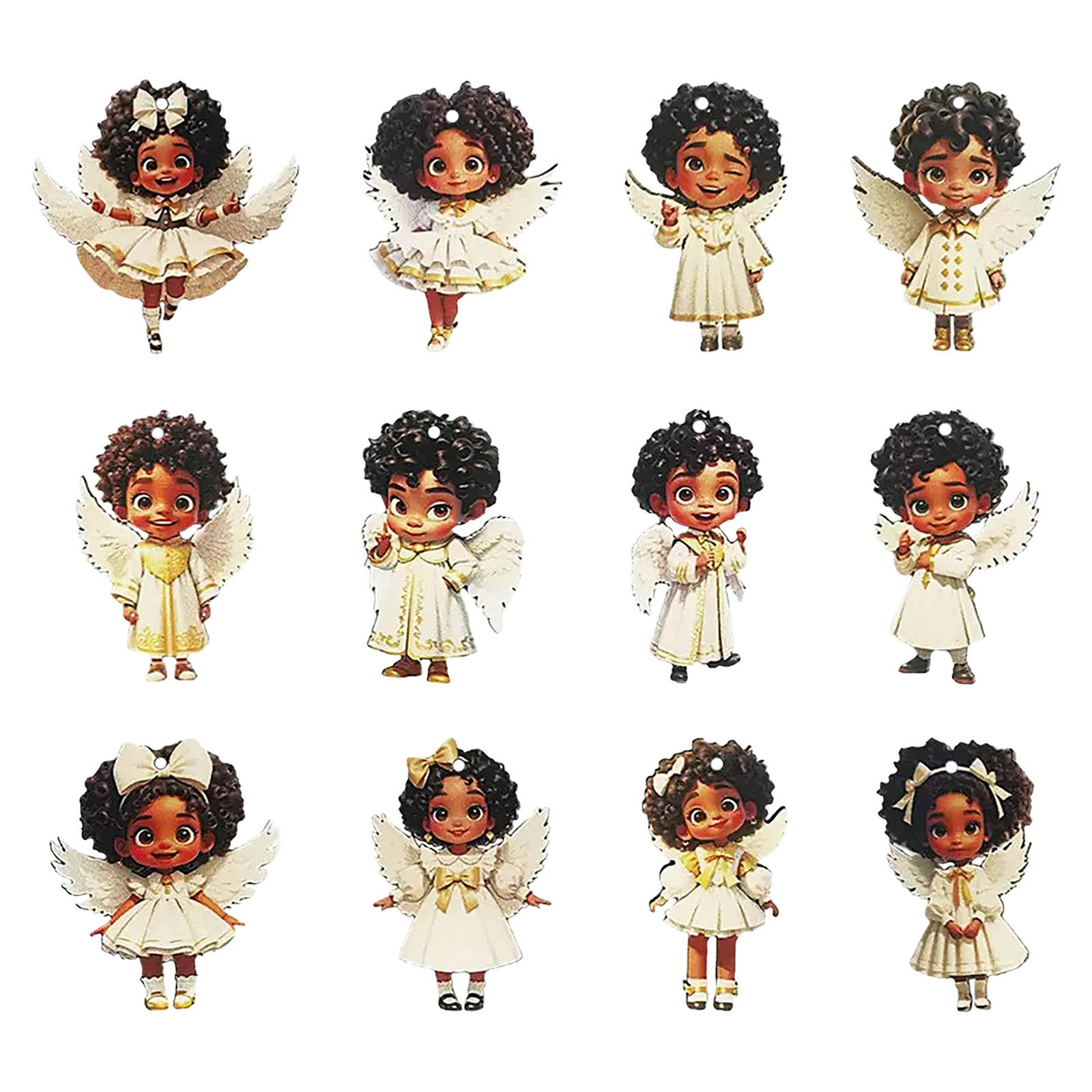 10 Pack Of Wooden Black Curly Hair Smiling Little Angela Ornament Set ...