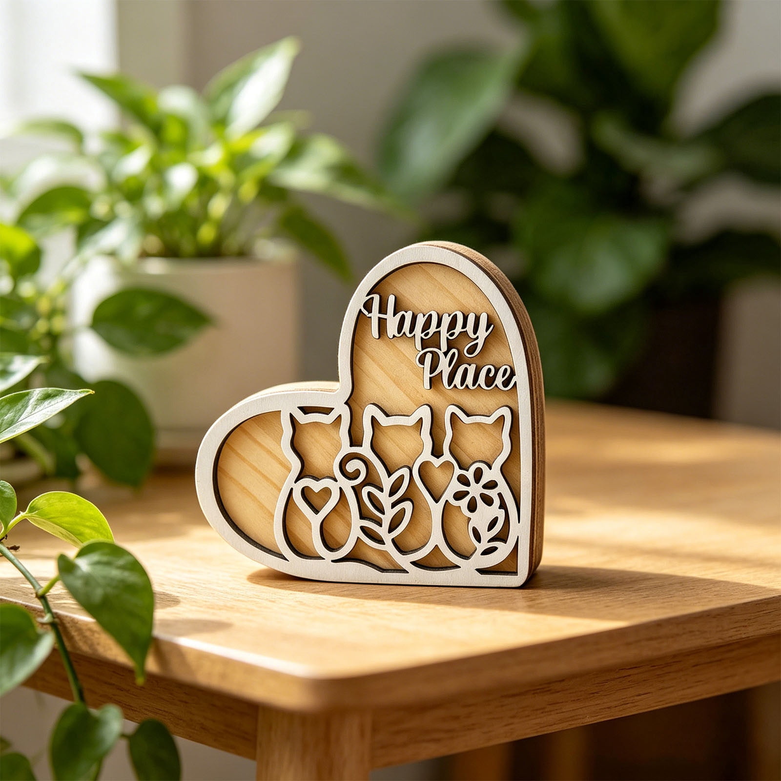10 Pack Of Wooden Heart Wall Decoration. Kitty And Flower Figurines ...