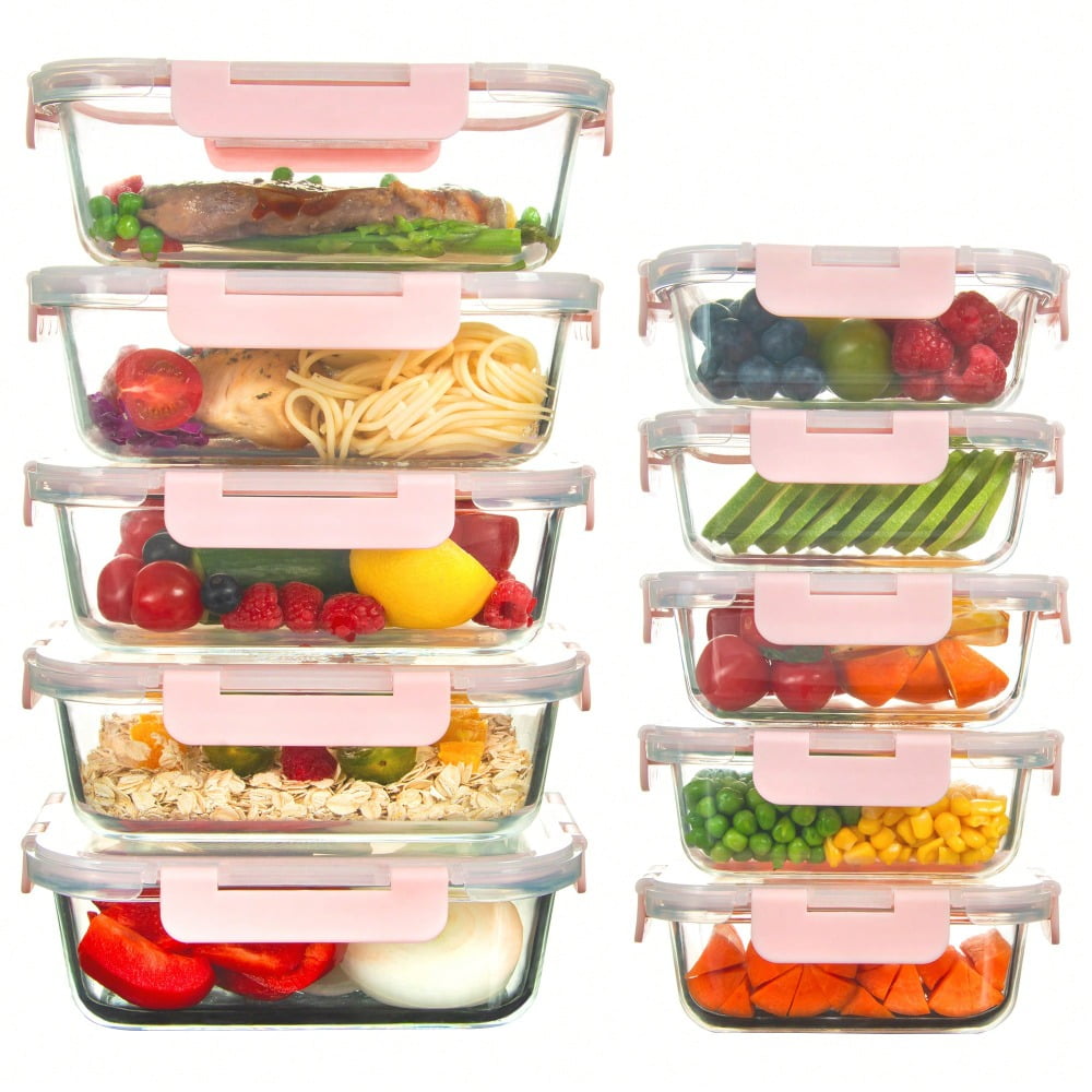 10 Pack Pink Food Storage Container Set, Glass Meal Prep Containers ...