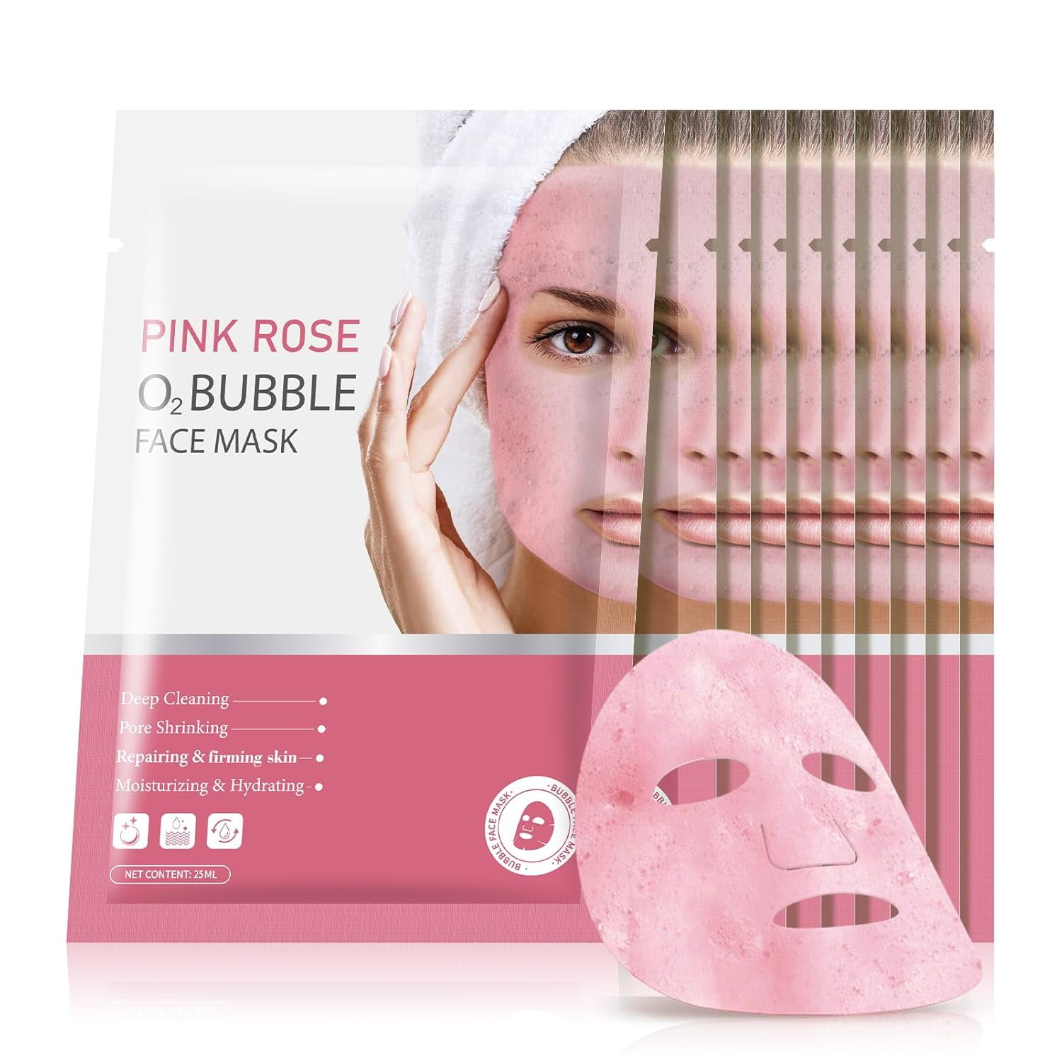10 Pack Pink Rose O2 Bubble Face Masks Skincare - Spa Gifts for Women ...