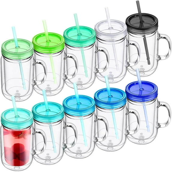 10 Pack Plastic Mason Jars with Handles, Lids and Straws Mouth Mason Jar Mugs 20 oz Double ...