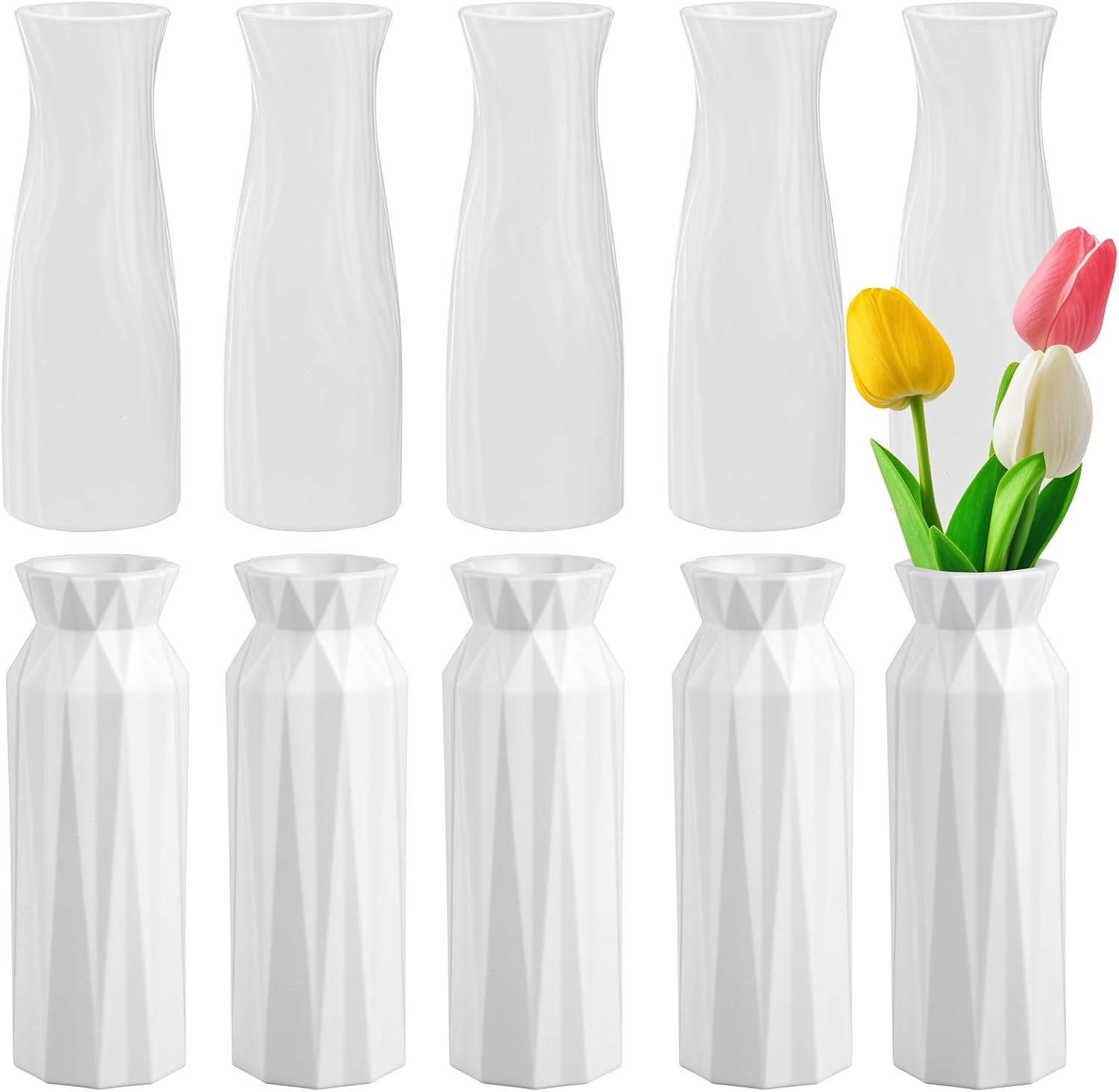 10 Pack Plastic Vases for Flowers – White Composite Flower Vase Bulk ...
