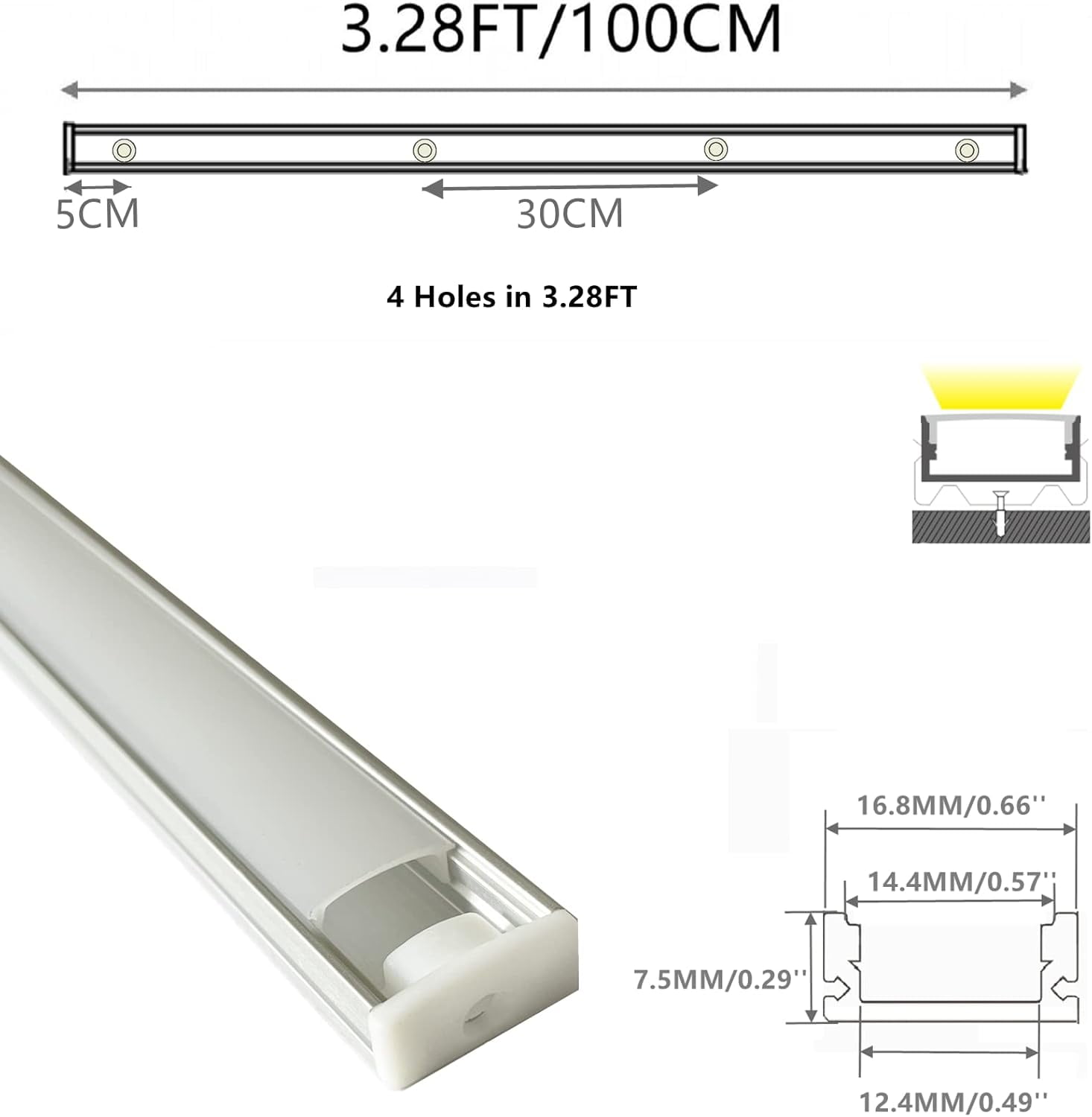 10-Pack Pre-Drilled Countersunk Hole 3.3FT LED Strip U Channel Diffuser ...