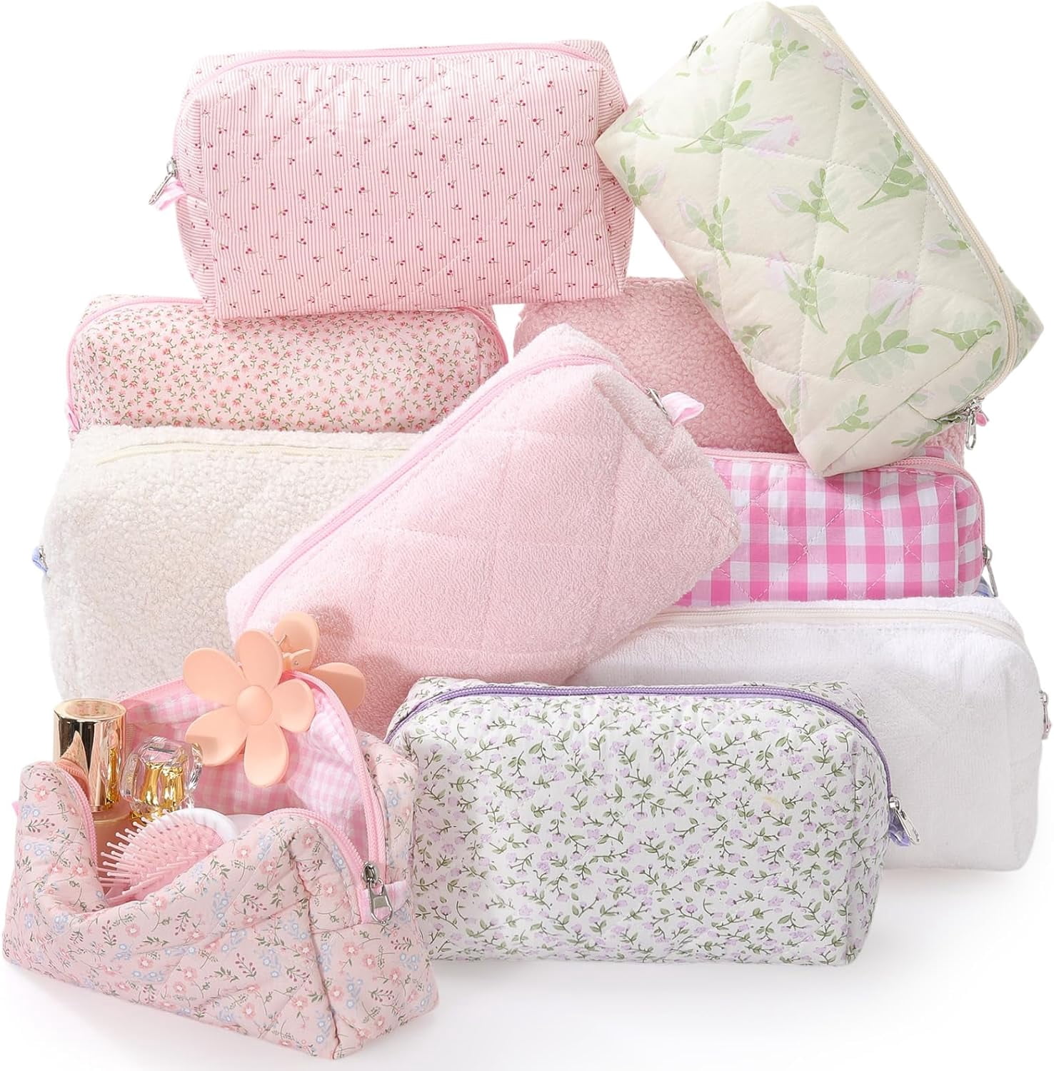 10 Pack Purple Floral Quilted Cotton Travel Toiletry Cosmetic Bag for ...