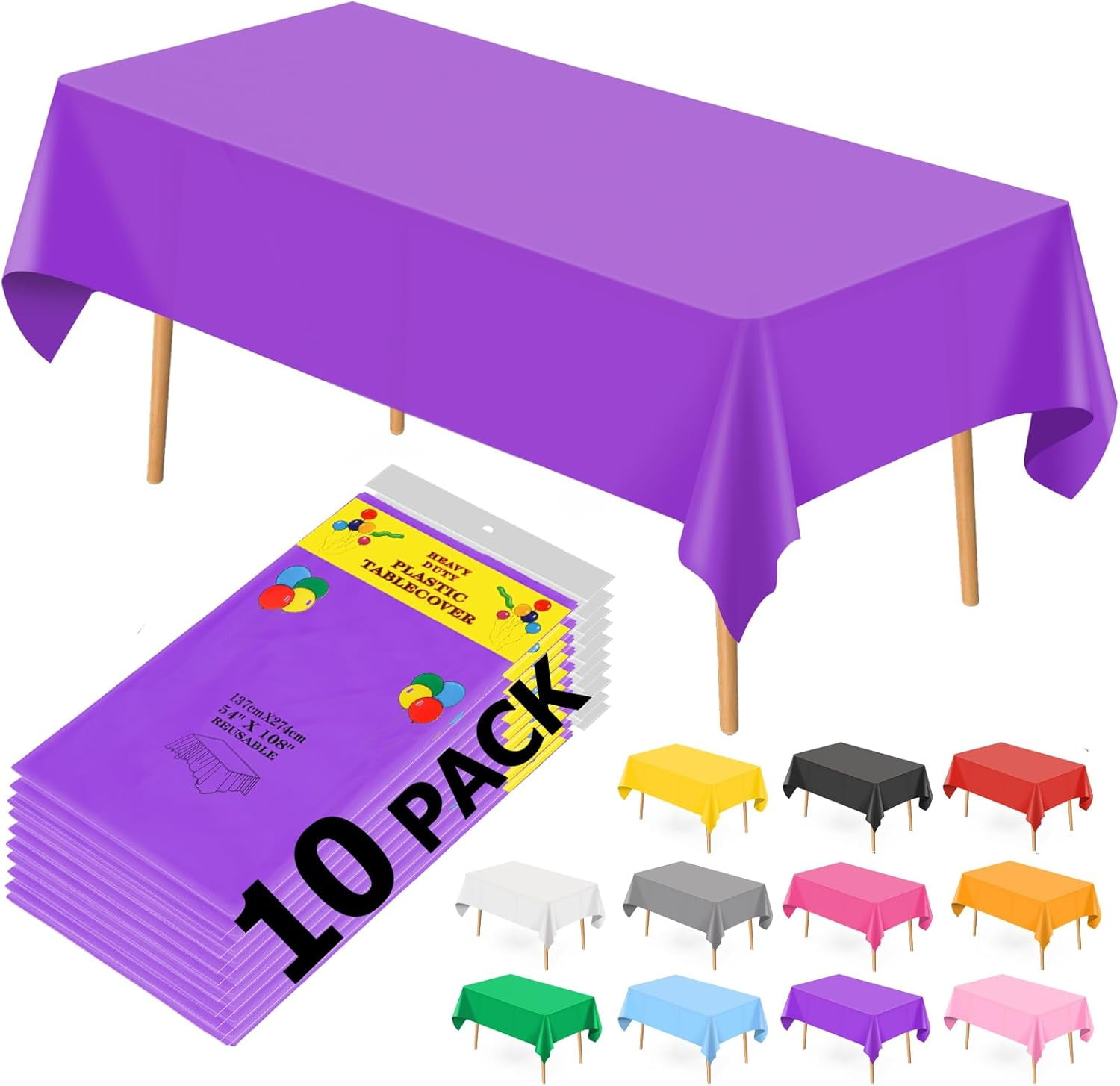 10 Pack Purple Plastic Tablecloths for Rectangle Tables, 54 x108 Inch ...