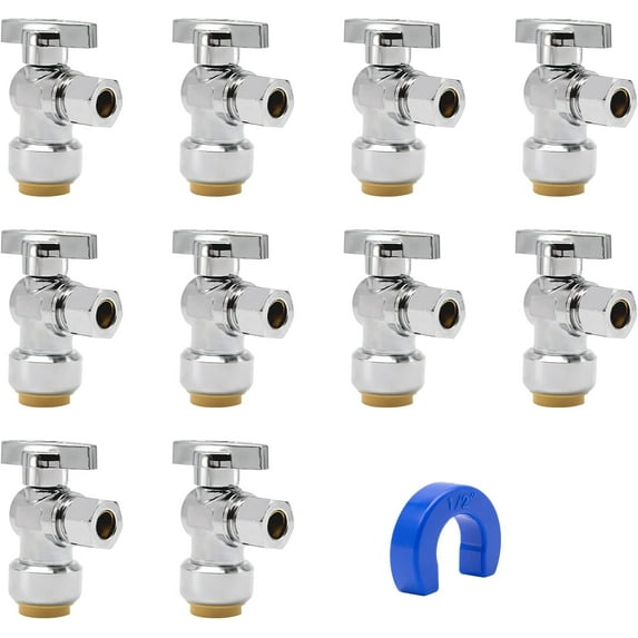 10 Pack Pushfit Angle Stop Faucet Valve, 1/2" Push-Fit x 3/8" Comp, Quarter Turn 1/2" Nom x 3/8 ...