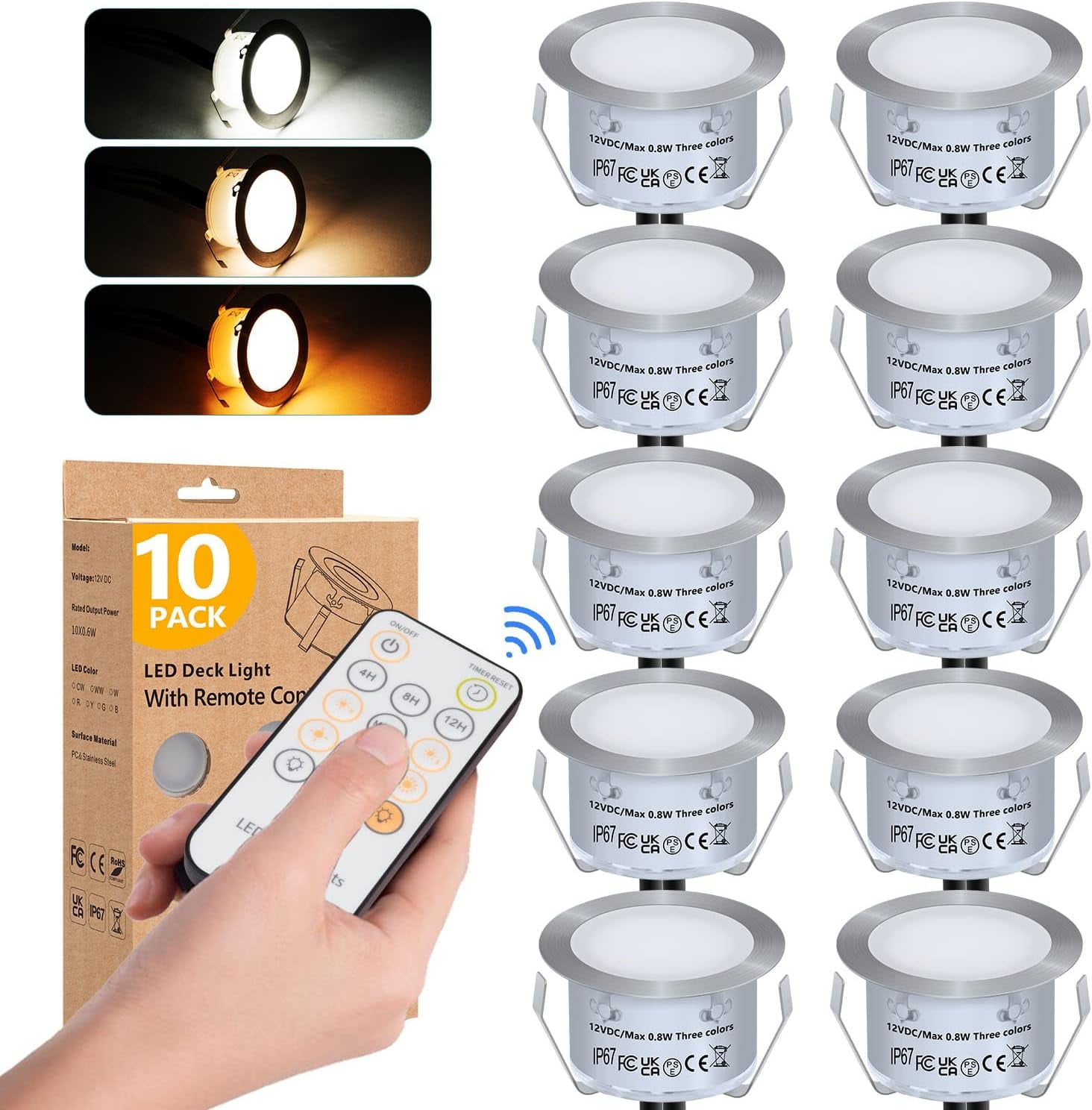 10 Pack Recessed LED Deck Light Kits with Remote Control 42mm, IP67 ...