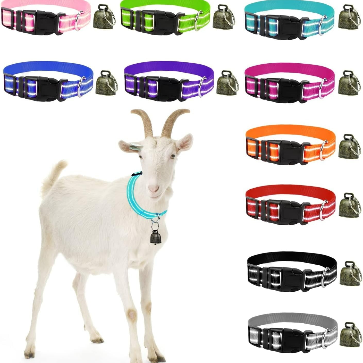 10 Pack Reflective Goat Collar with Crisp Bells,Adjustable Nylon Sheep ...