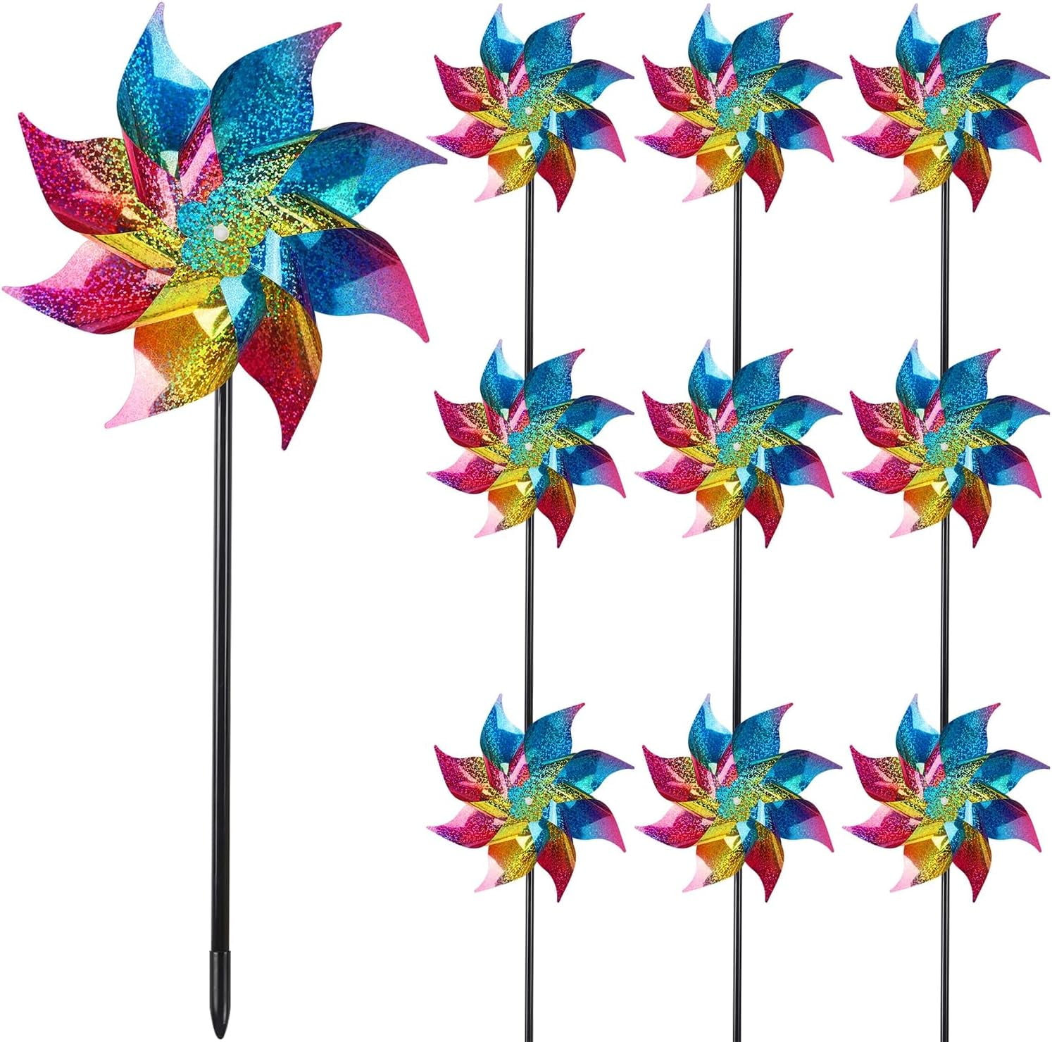 10 Pack Reflective Pinwheels with Stakes, Extra Sparkly Pin Wheel for ...