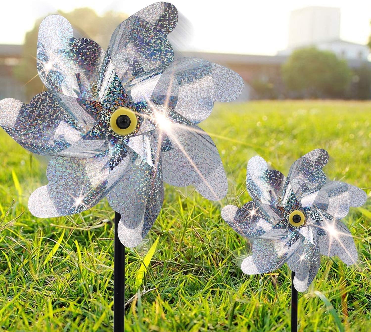 10 Pack Reflective Pinwheels for Yard and Garden, Pre-Installed Sparkly ...