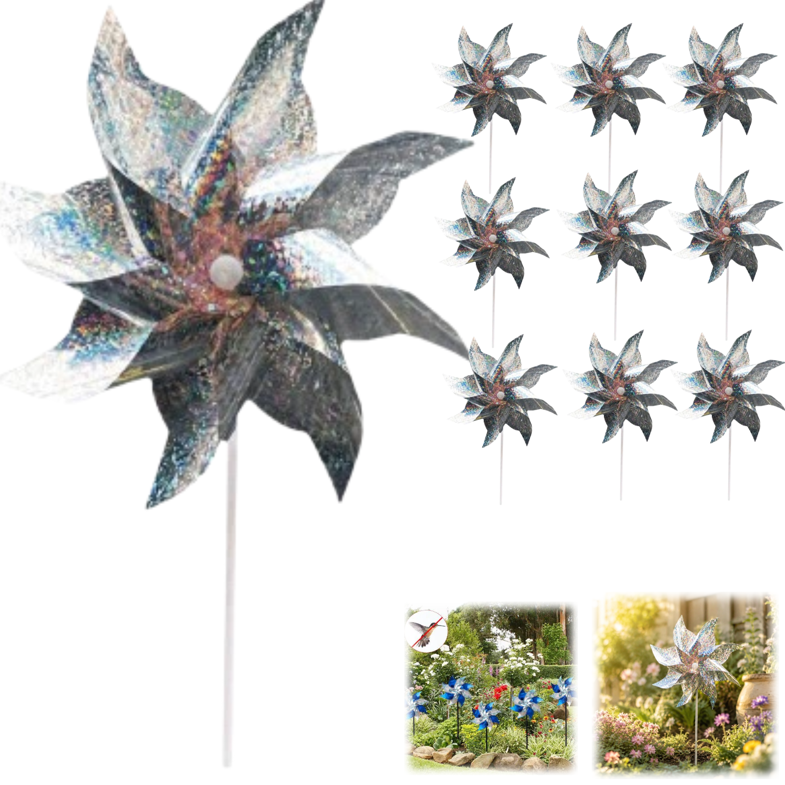 10 Pack Reflective Silver Pinwheels, Extra Sparkly Pin Wheel for Garden ...