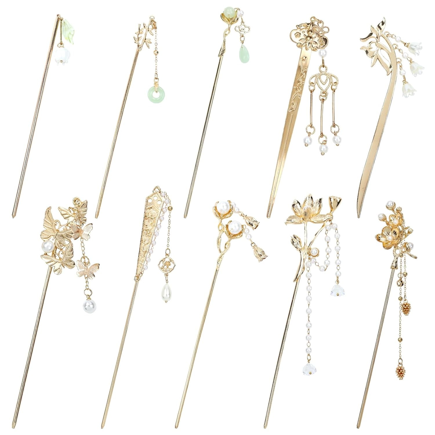 10 Pack Retro Gold Metal Long Hair Sticks Pins with Pearl Jade Dangles ...