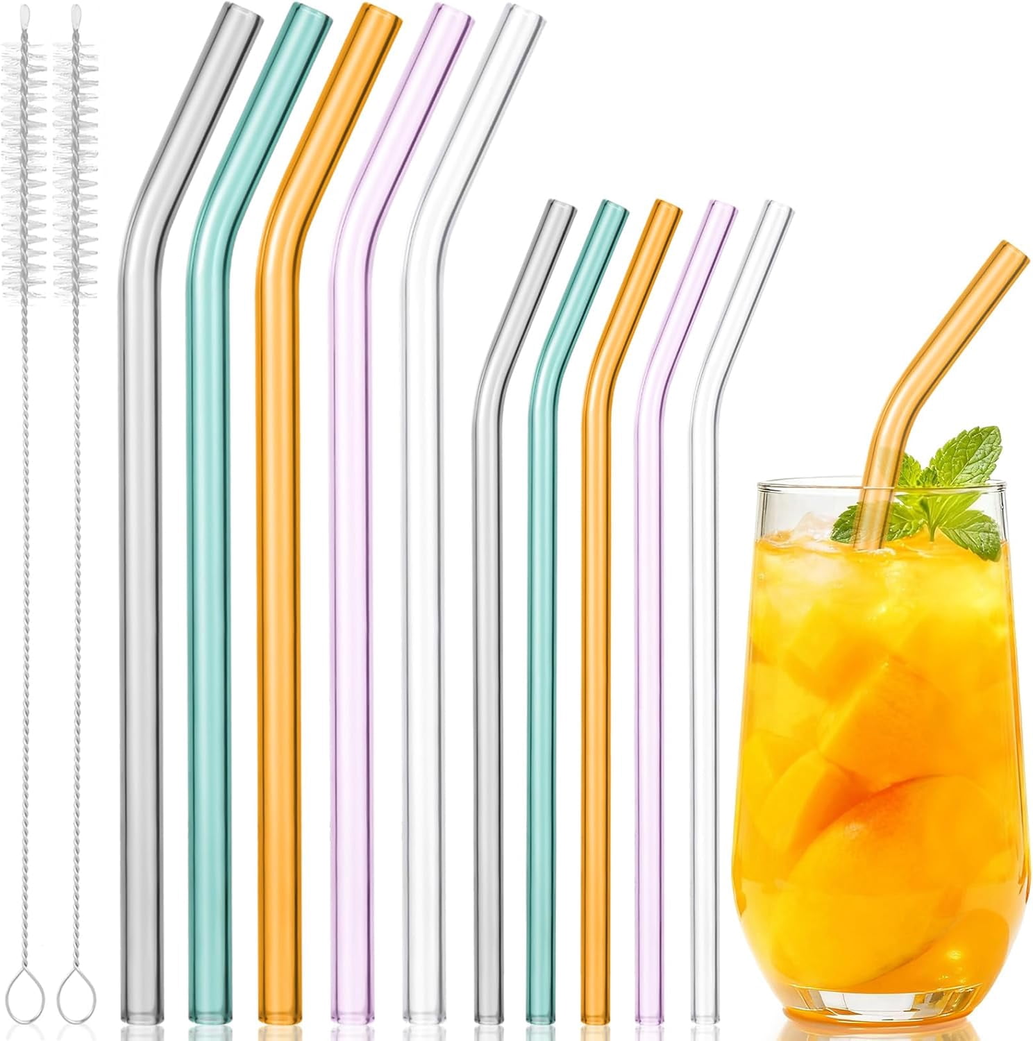 10 Pack Reusable Glass Straws - 8" x 8mm and 9" x 10mm, Colorful Glass ...