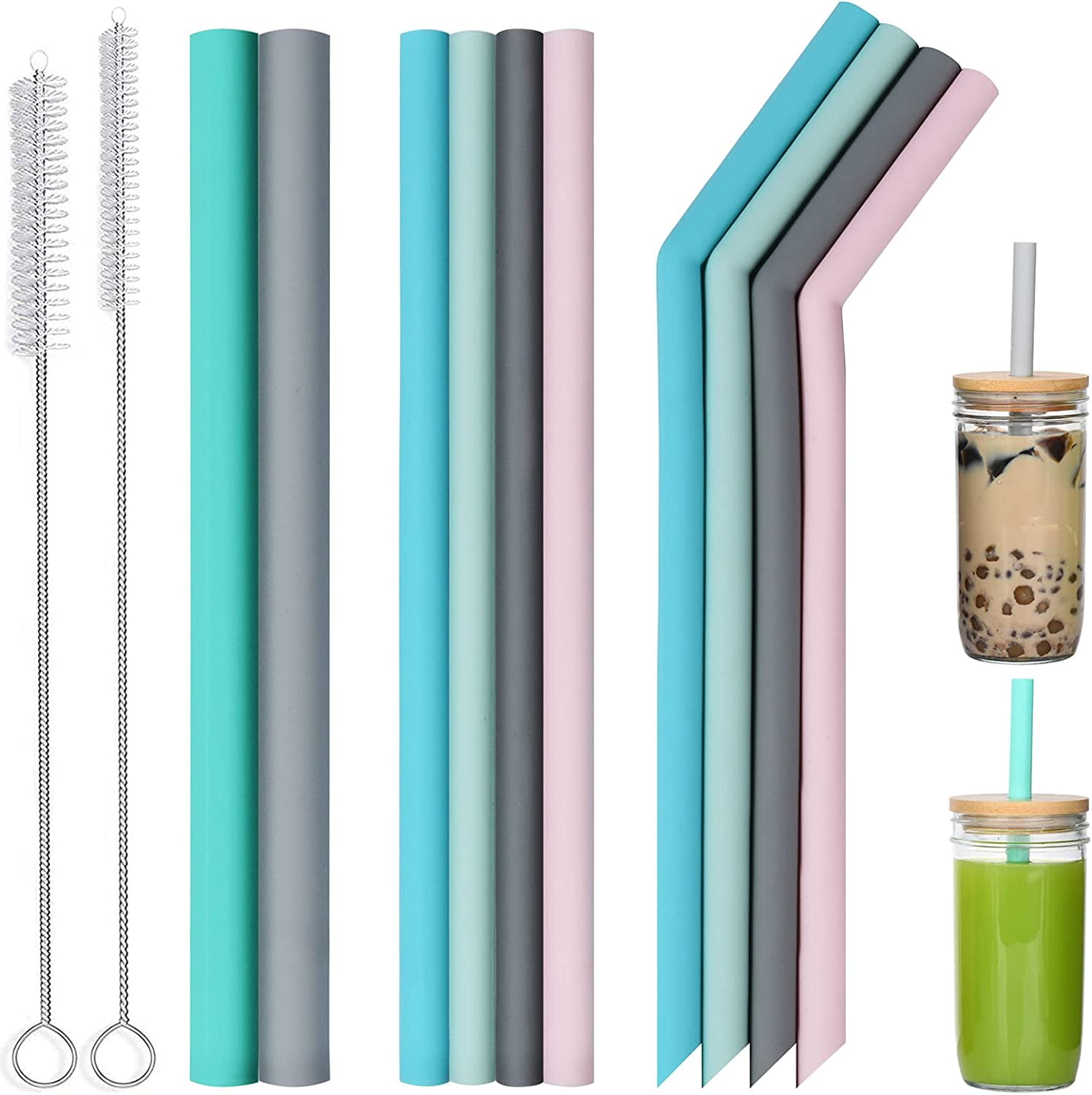 10-Pack Reusable Silicone Straws, 2 Large Silicone Boba Straws, 8 Long ...