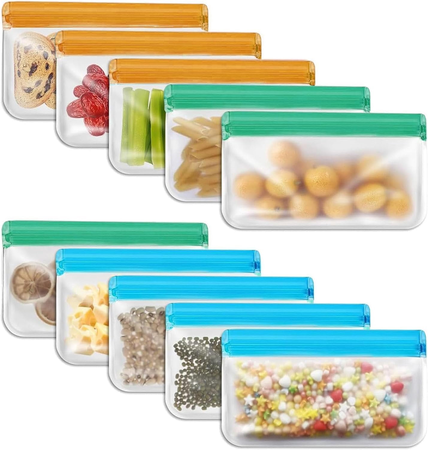 10-Pack Reusable Snack Bags, Extra Thick Leakproof Resealable Food ...
