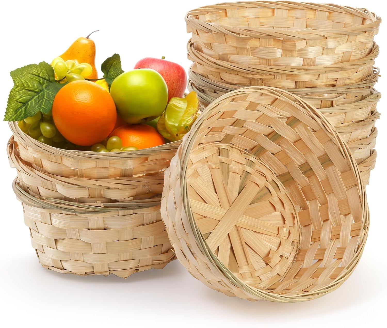10 Pack Round Gift Baskets, 8 Inch Natural Bamboo Woven Fruit Basket ...