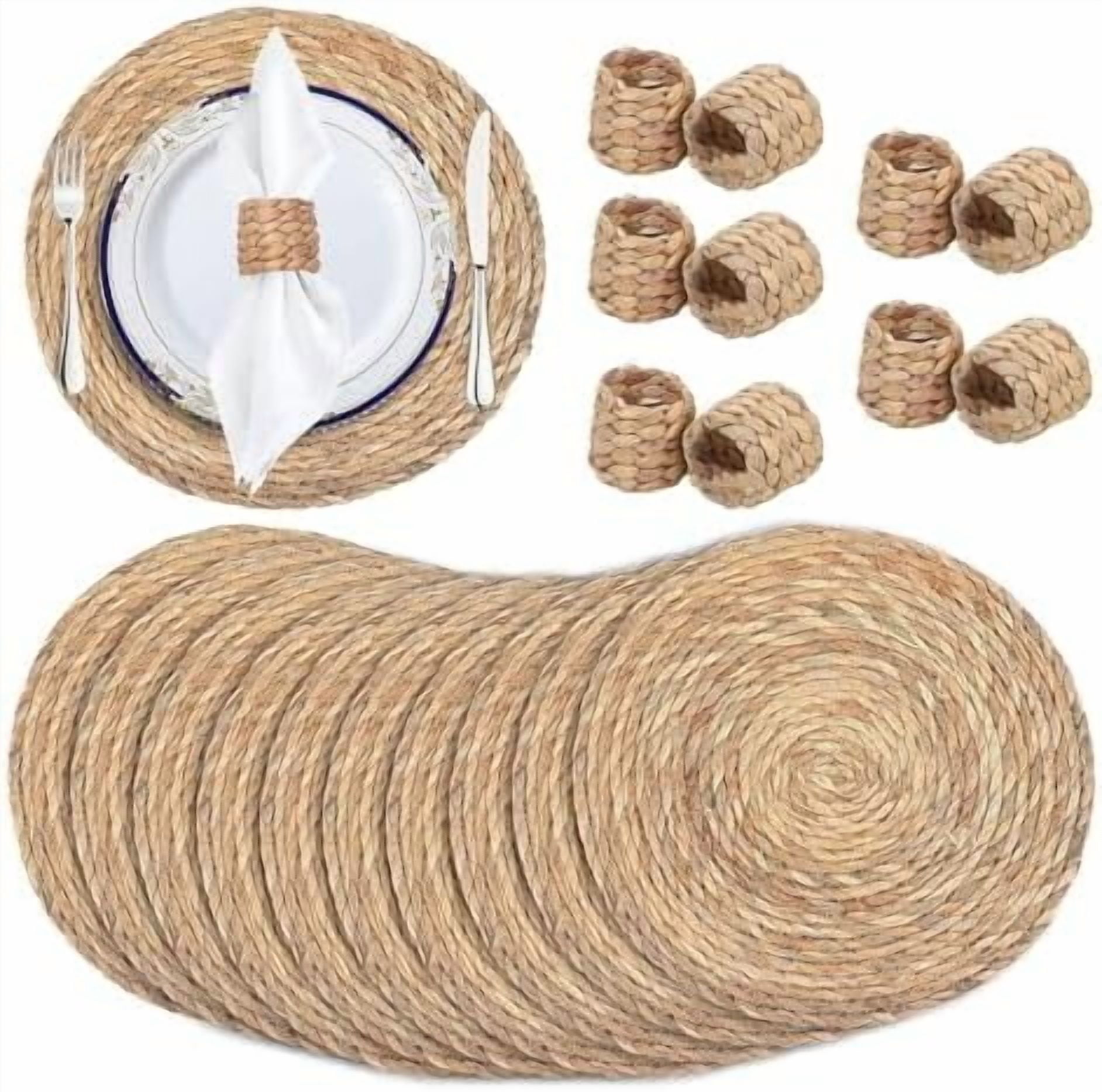 10 Pack Round Woven Placemats with 10 pcs Napkin Rings, Natural Water ...