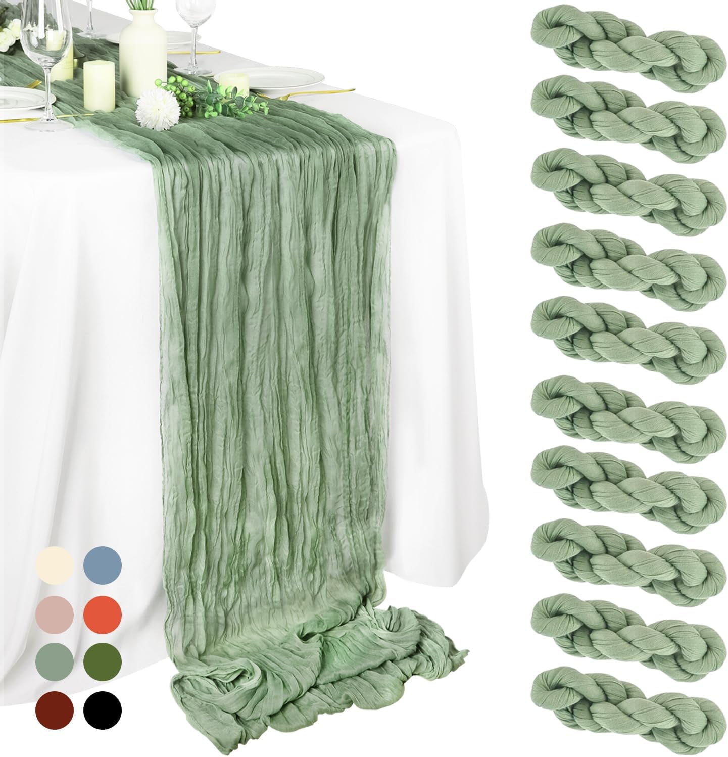 10 Pack Sage Green Cheesecloth Table Runner, 10ft Gauze Boho Rustic ...
