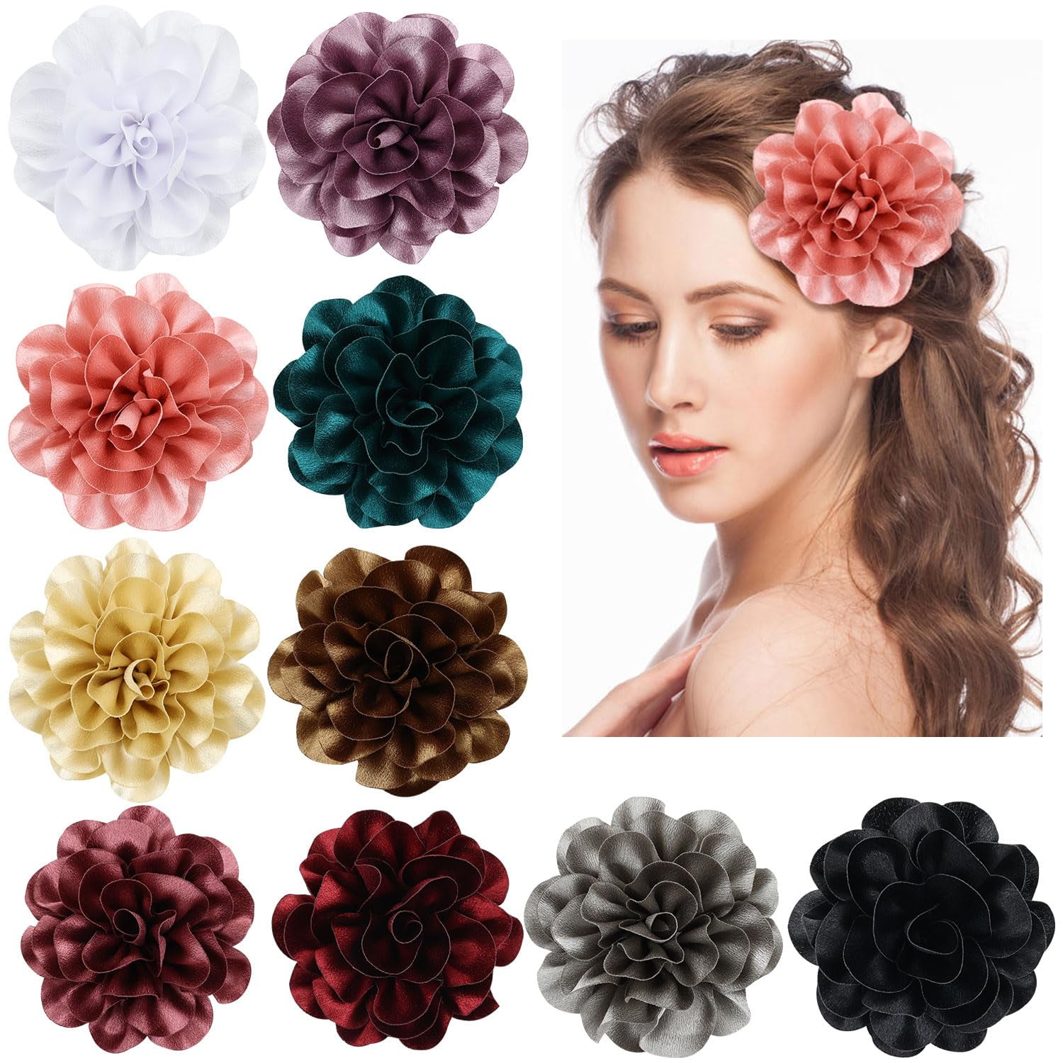 10 Pack Satin Solid Big Flower Alligator Hair Clips Floral Duckbill ...