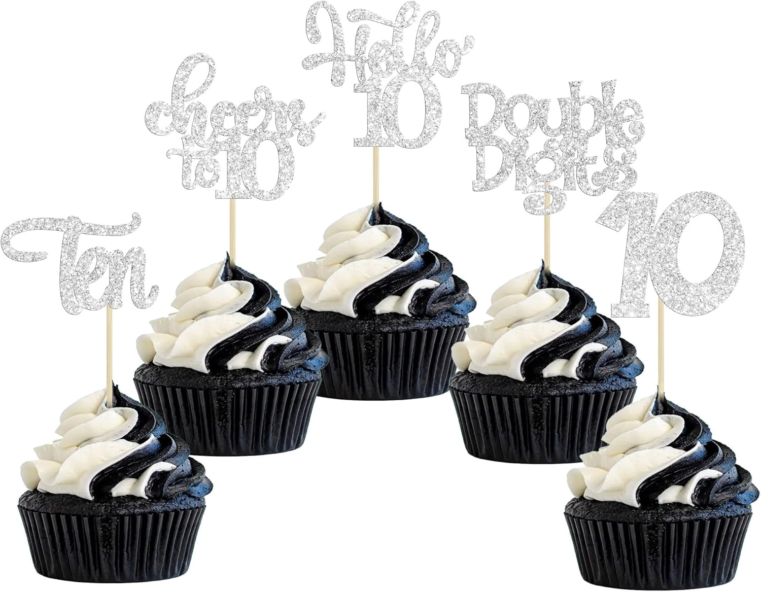 10 Pack Silver Glitter 10th Birthday Cupcake Toppers, Double Digits ...