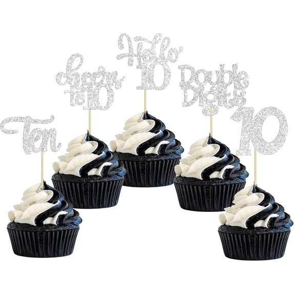 10 Pack Silver Glitter 10th Birthday Cupcake Toppers, Double Digits ...
