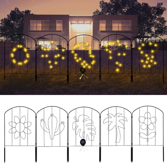 10-Pack Solar Fence Lights with Plant Designs, 11FT Outdoor LED Garden ...
