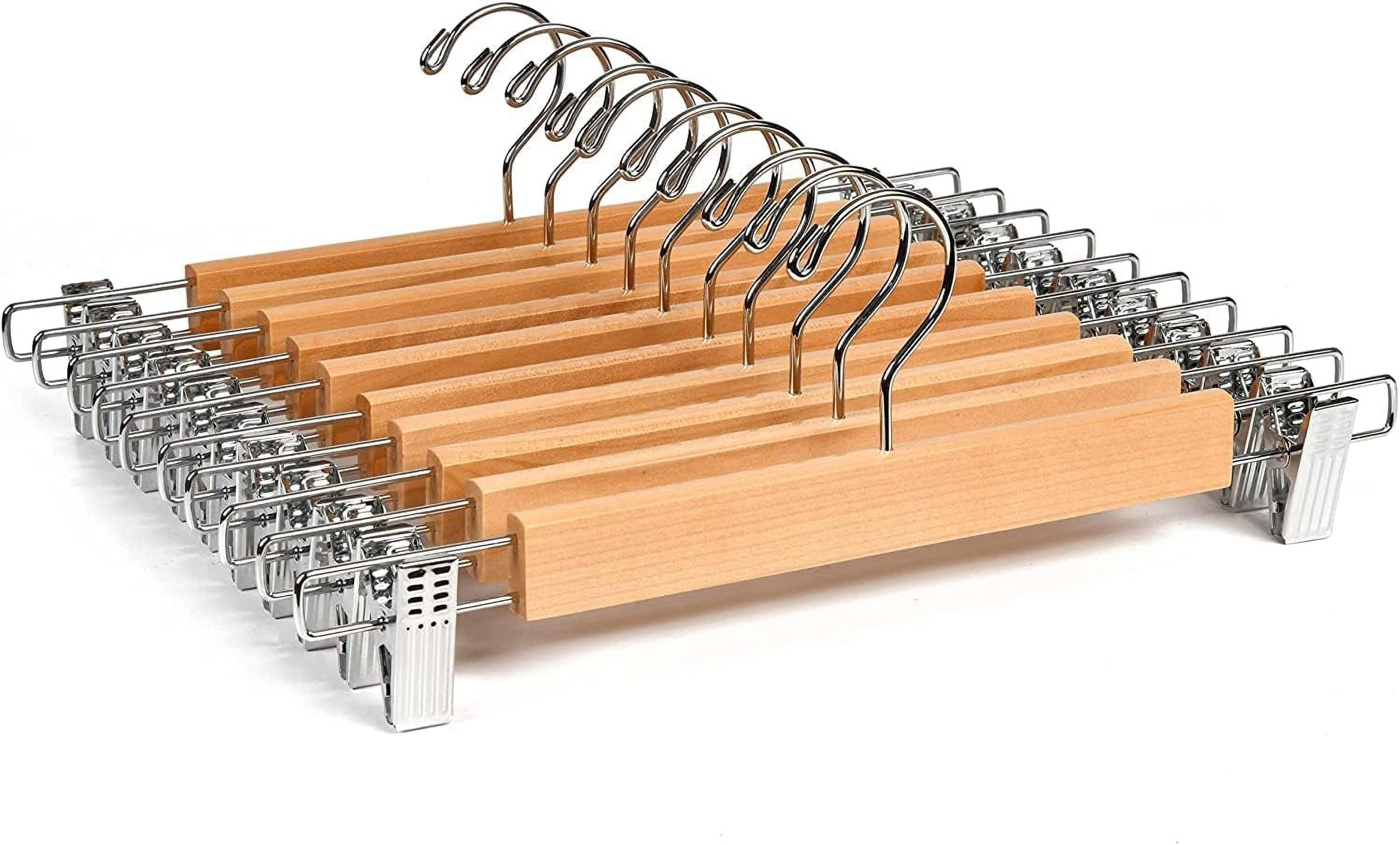 10-Pack Solid Wood Skirt Pant Hangers, Adjustable Anti-Rust Clips for ...