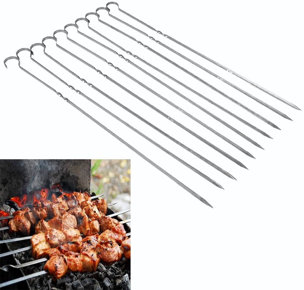 10 Pack Stainless Steel Kabob Skewers, Flat Metal BBQ Barbecue Skewers ...