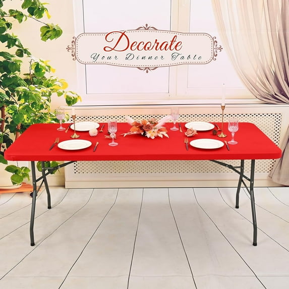 10 Pack Stretch Fabric Table Top Cap Cover, Red Table Covers fits 8Ft ...