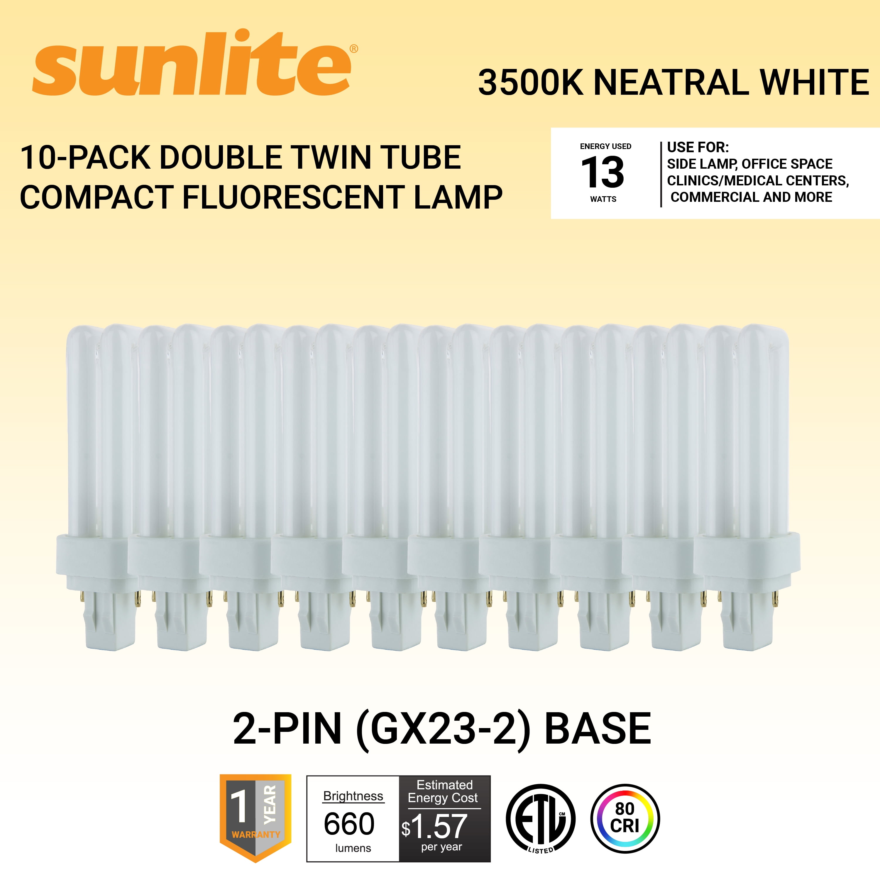 Sunlite PLD13/SP35K/10PK Double Twin Tube, CFL, PLD 2-Pin, 13 Watts, 660 Lumens, 3500K Neutral ...