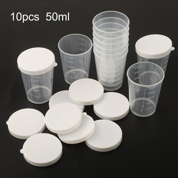 10 Pack Transparent Plastic Measuring Cup Set 50Ml Capacity Cups With White Lids Great For ...