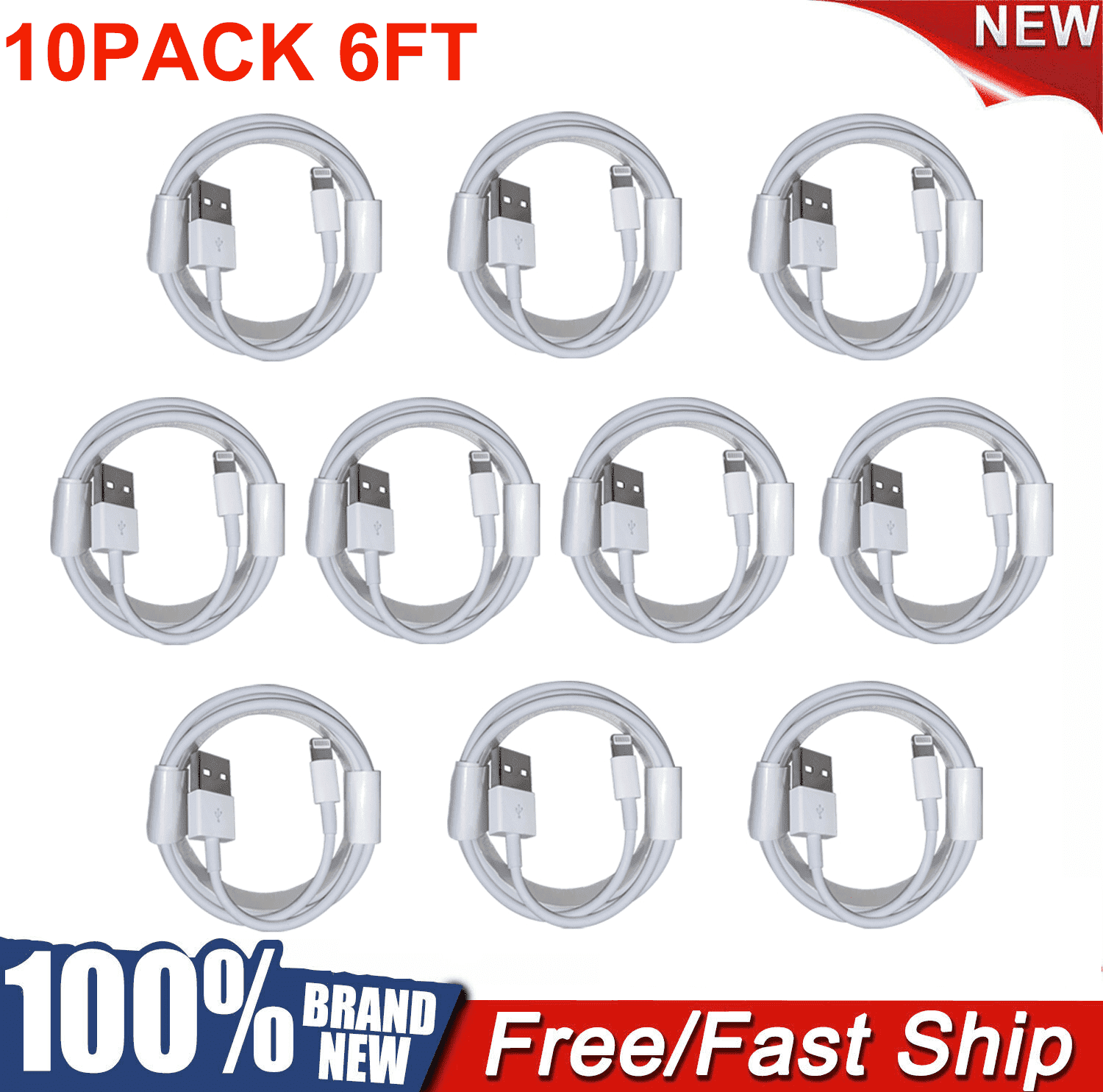 10 Pack Fast Charging Lightning Cables for iPhone/iPad/iPod, 6ft USB Data Charger Cords ...