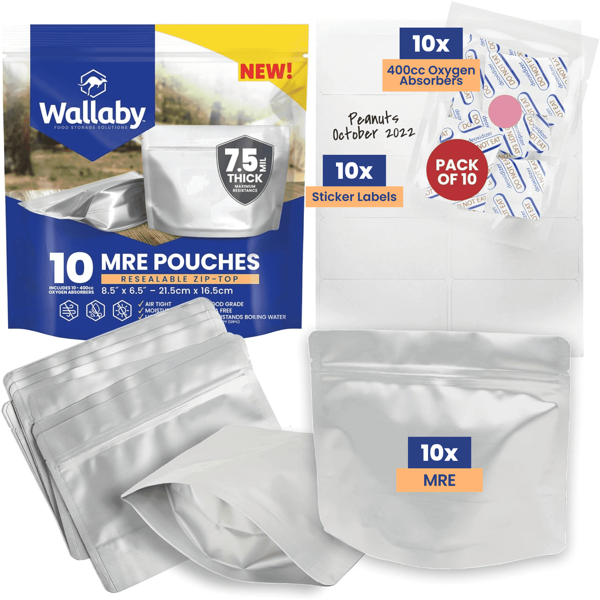 Wallaby 10-Pack Mylar Food Storage Bags with Zipper, 0.35 Gallon, 7.5 ...