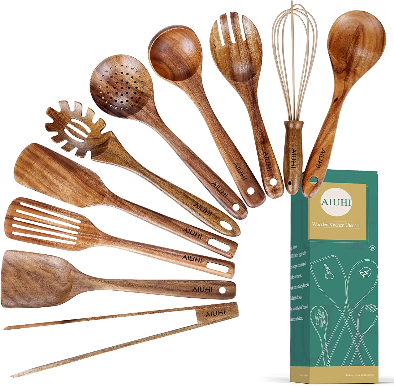 10 Pack Wooden Utensils for Cooking, Wood Utensil Set Kitchen, Teak ...