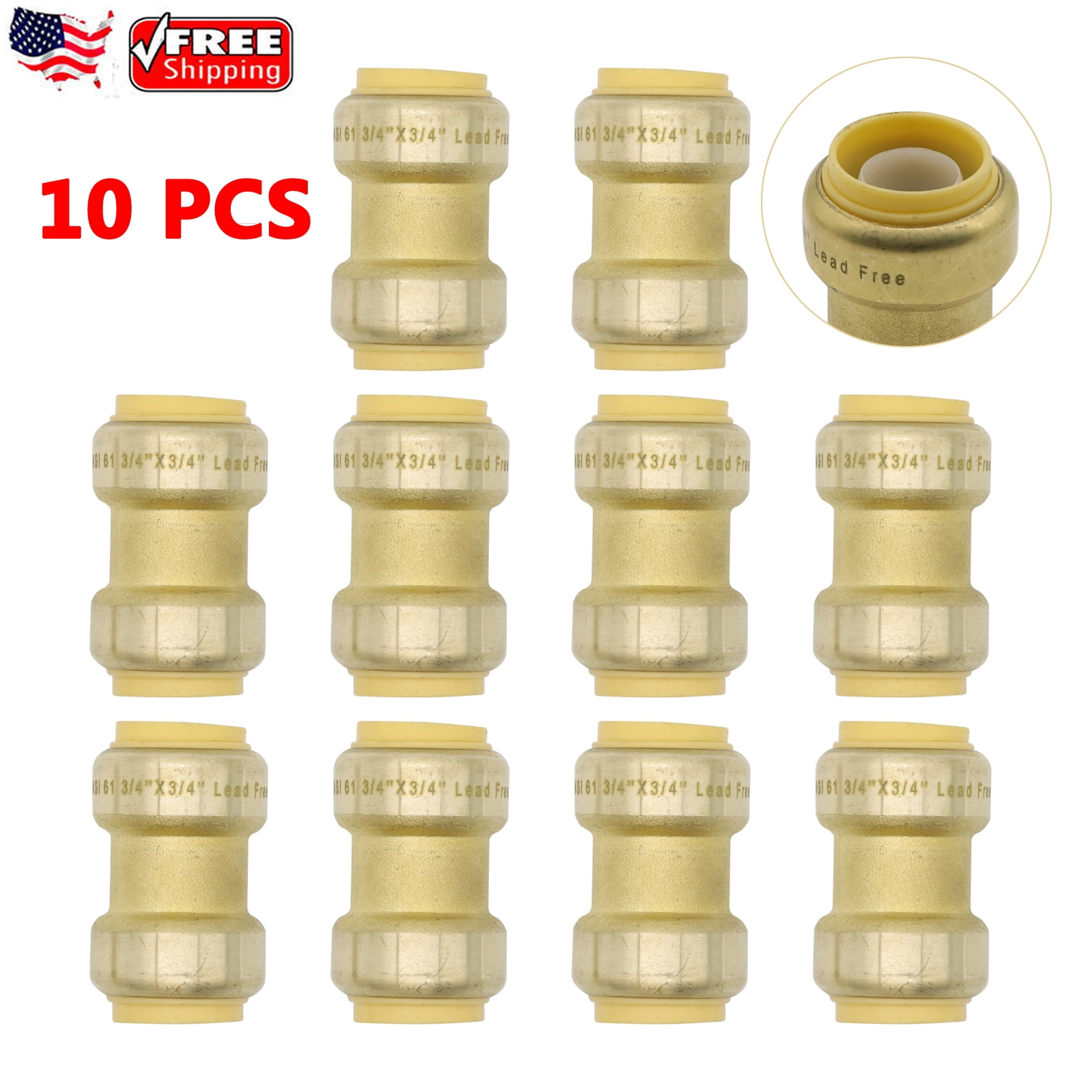 10 Packs Straight Coupling, 3/4-Inch Push Fit COUPLINGS Fittings, Push-to-Connect Copper, CPVC ...