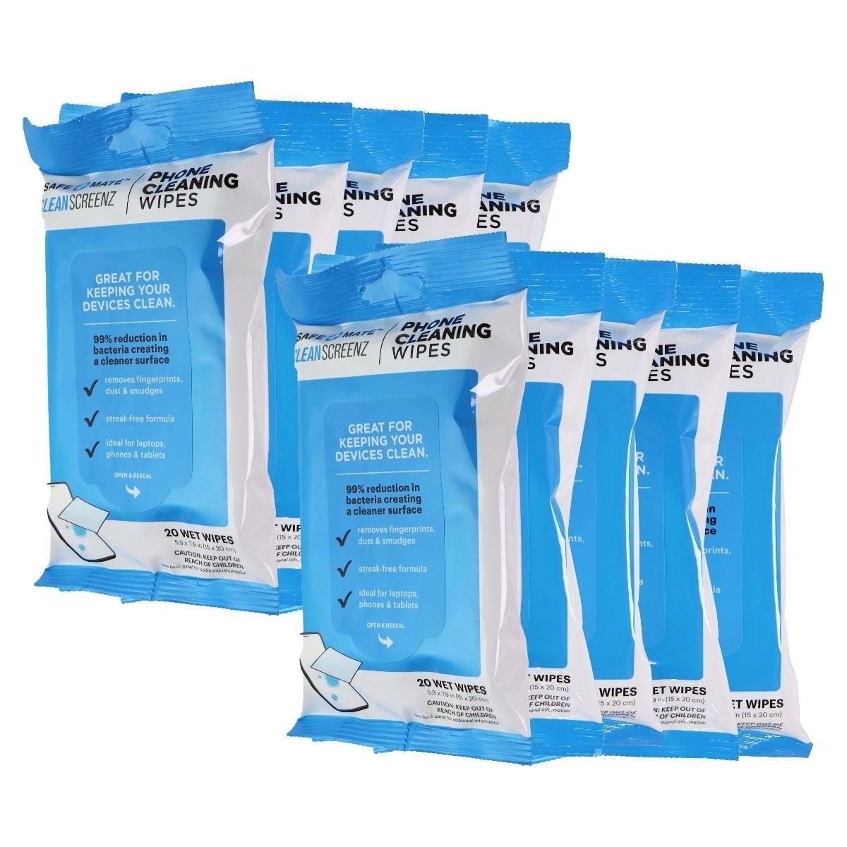 10 Packs of SafeMate Screenz Phone Cleaning Wipes (20 Wipe Per Pack, 5 ...