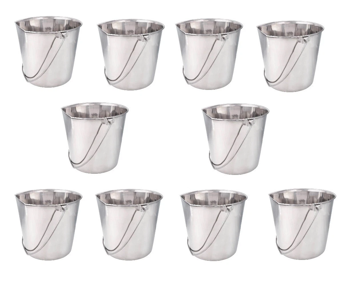 10 Pail Feed and Water Bucket Bulk Packs Flat Sided Stainless Steel ...