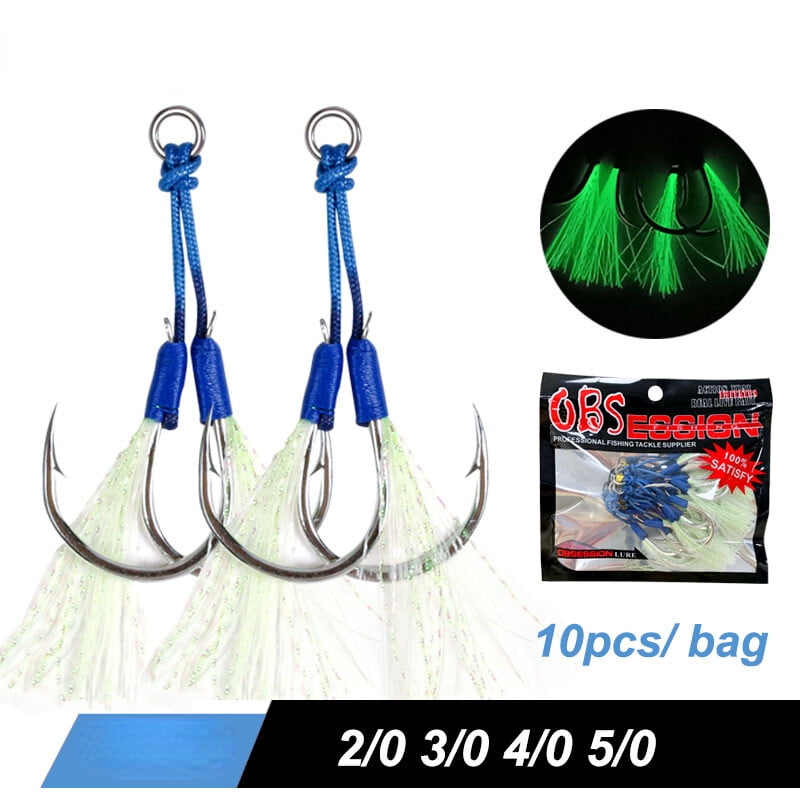 10 Pair Double Assist Hook Barbed Carbon Steel Pike Slow Jig Glow ...