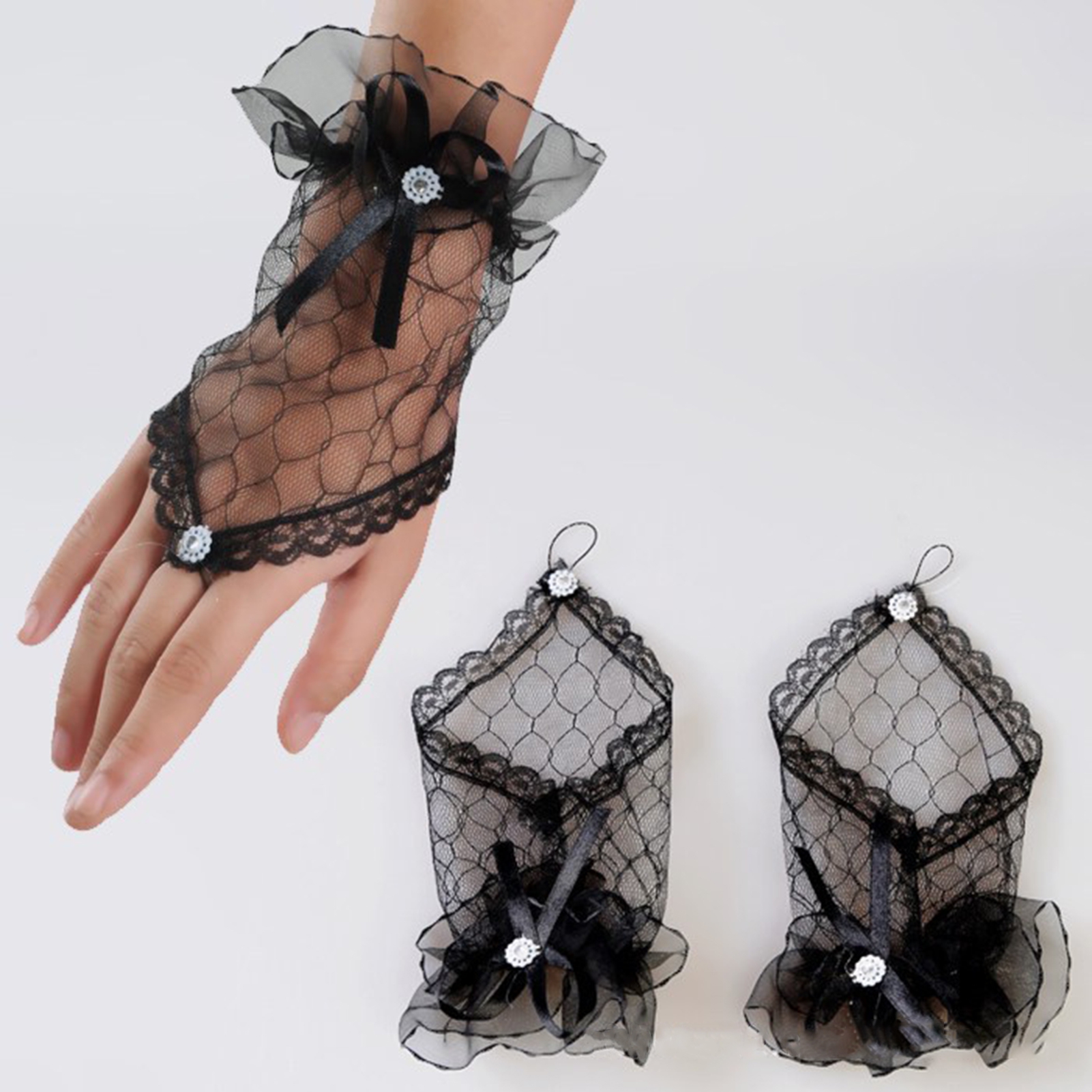 10 Pair Wedding Gloves Lace Fingerless See Through Bow-knot Thin Bride ...